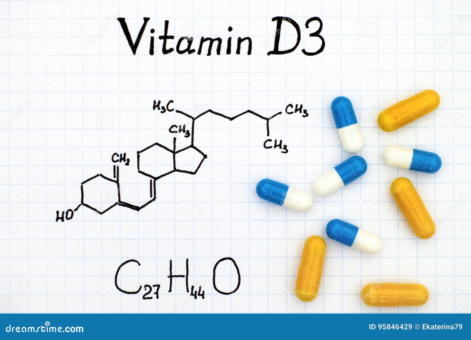 Fórmula Química De La Vitamina D3 Y De Píldoras Imagen De Archivo