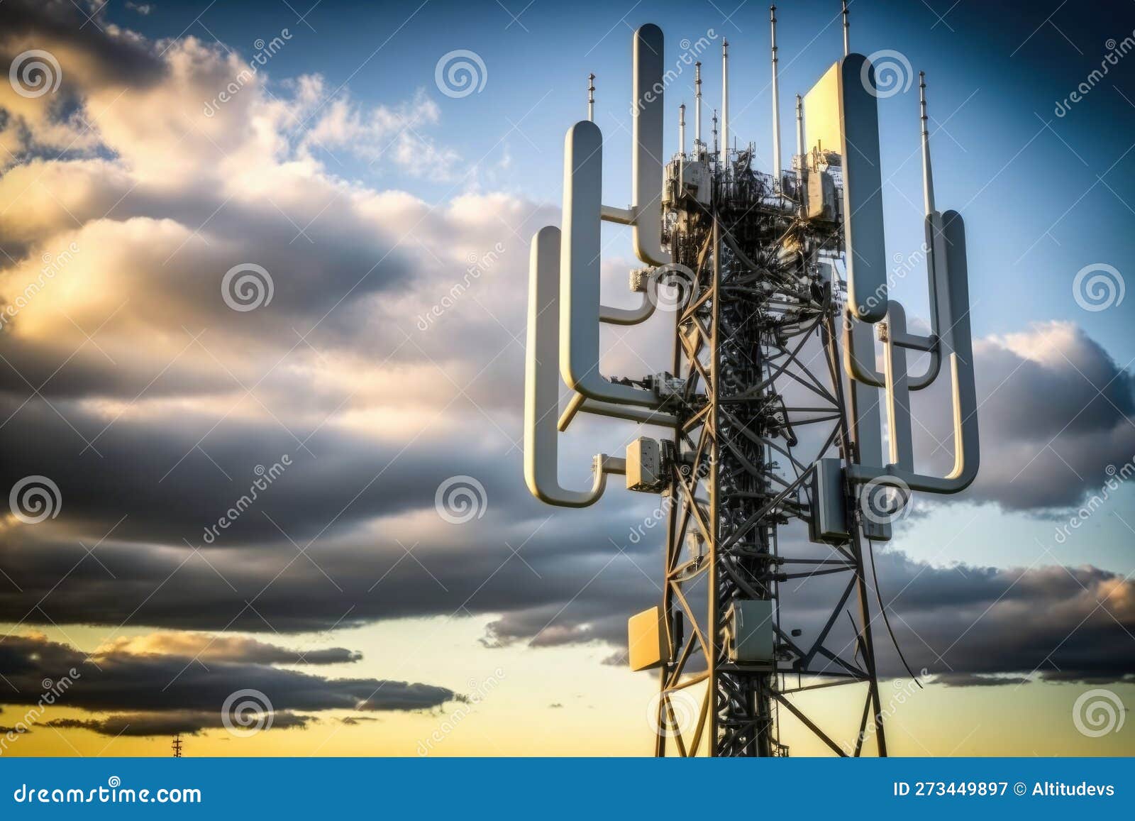 5g Cell Tower, with Cables and Antennas Humming with Activity Stock ...