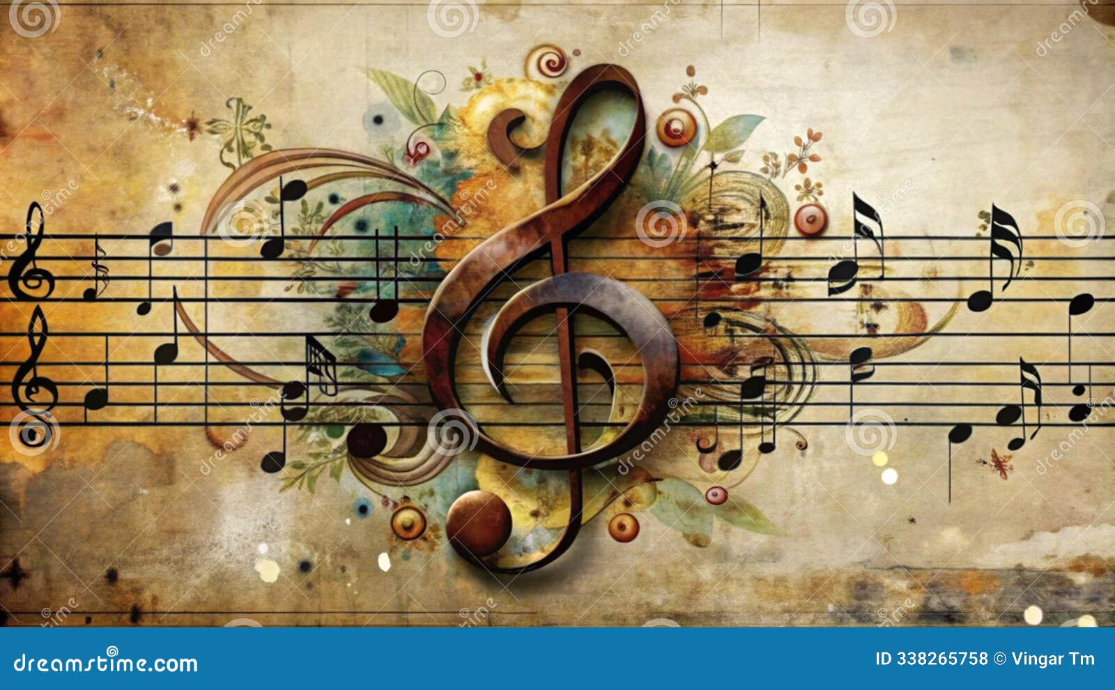 G Clef with Musical Notes and Floral Design on a Vintage Background ...