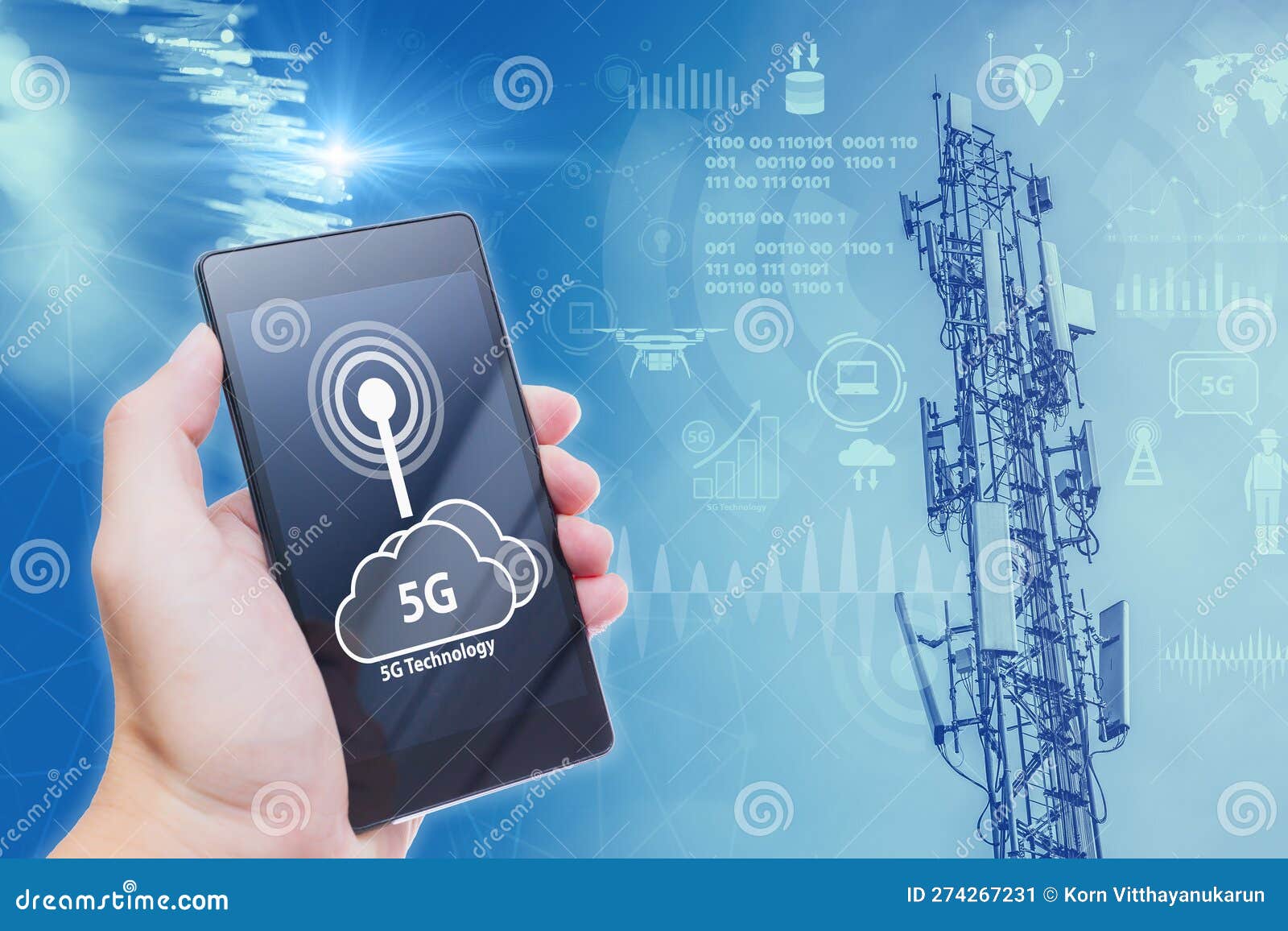 5G Data Communication Tower Overlay with Smartphone for Connect To High ...