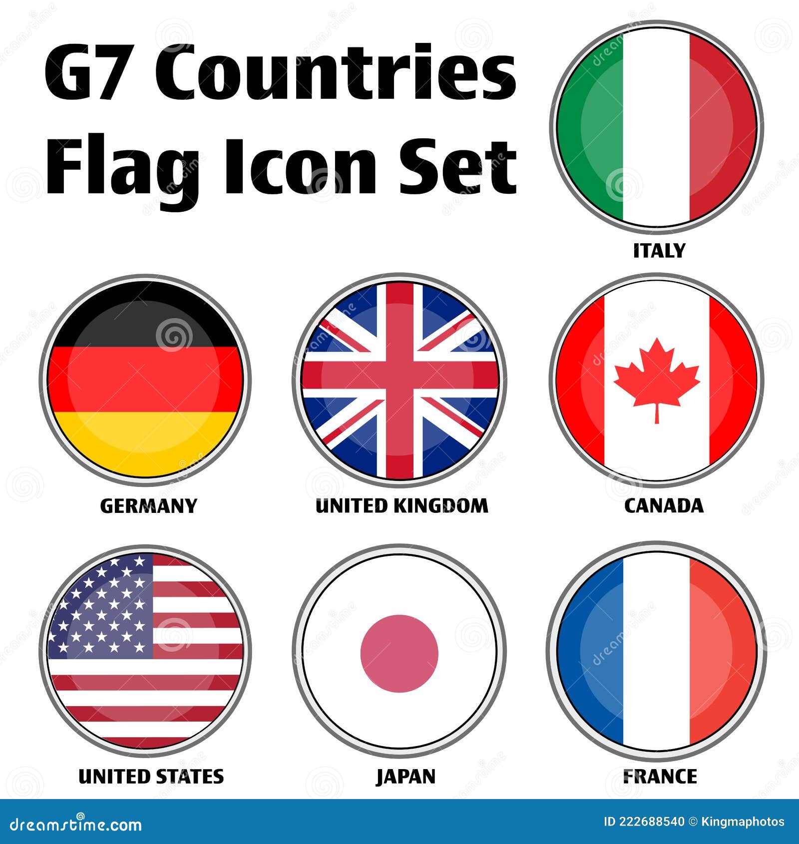 Group of Seven G7 3D Button Country Flag Vector Circle Icon Set for ...