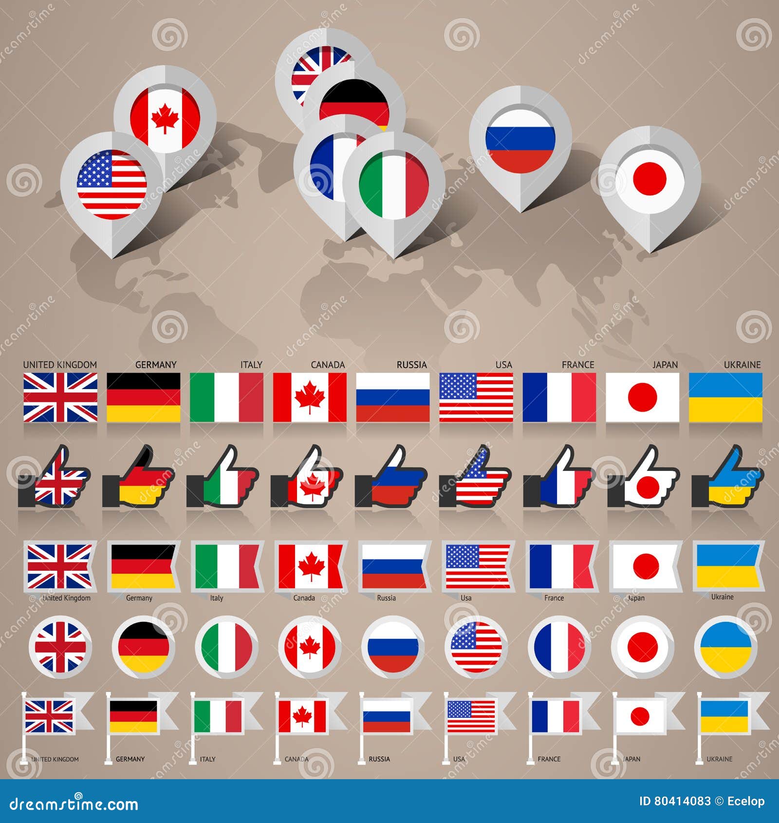 G8 flags with map big set stock vector. Illustration of landmark - 80414083