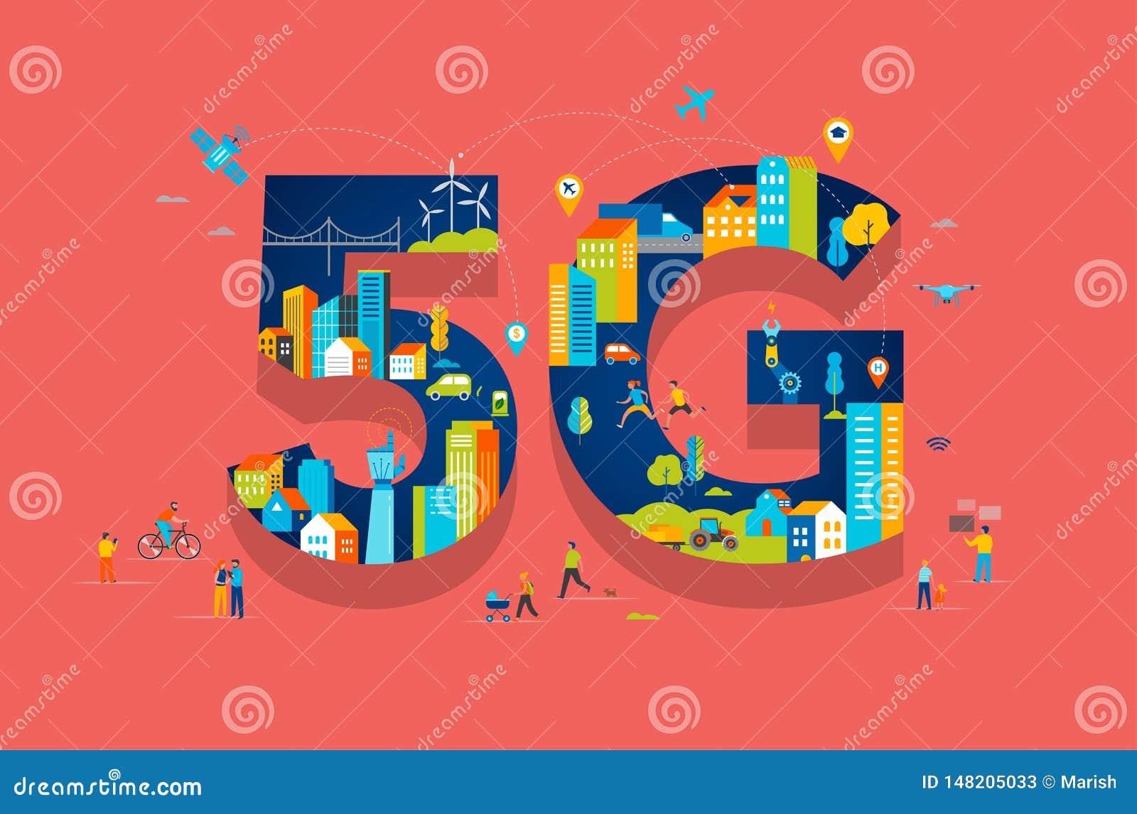 5G Flat Vector Illustration. People with Mobile Devices in the Smart ...