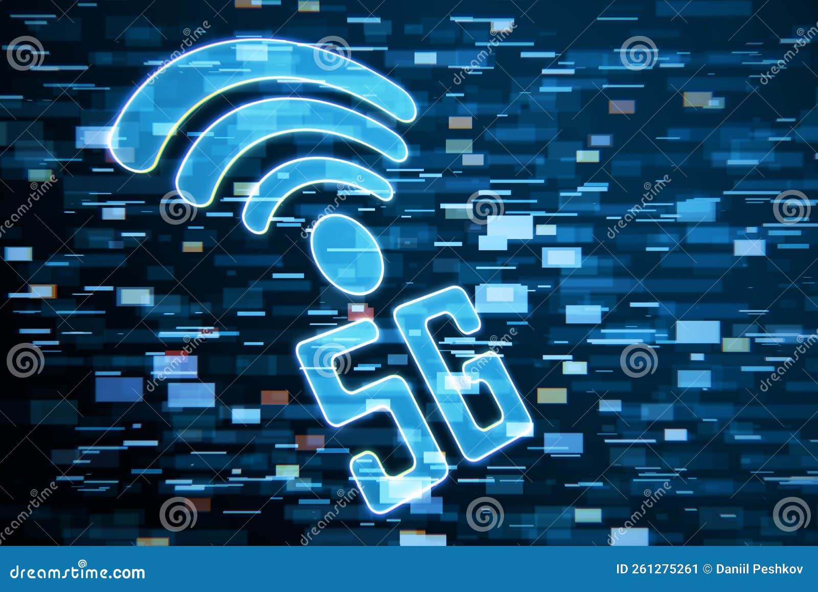 5G Glitchy Icon Hologram on Blurry Backdrop. 5th Generation Wireless ...