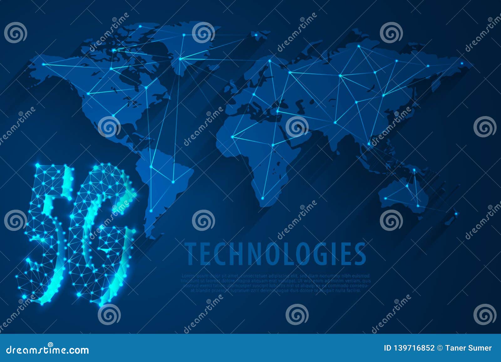 5G Global Network Technology with World Map Blue Background, Vector ...