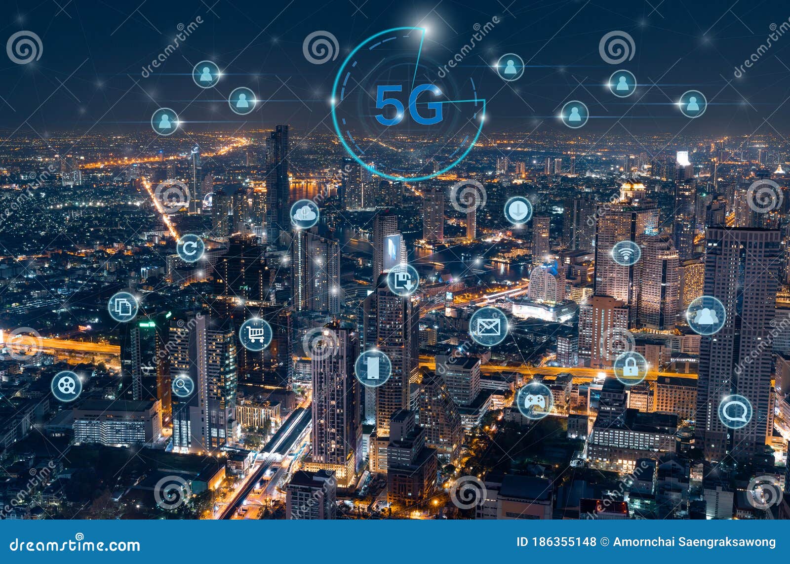 5G Network on City Background. the Wireless Communication Technology ...