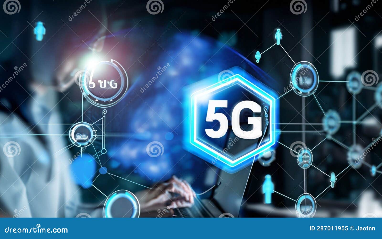 5G Network Hologram Over Night Cityscape Background Stock Illustration ...
