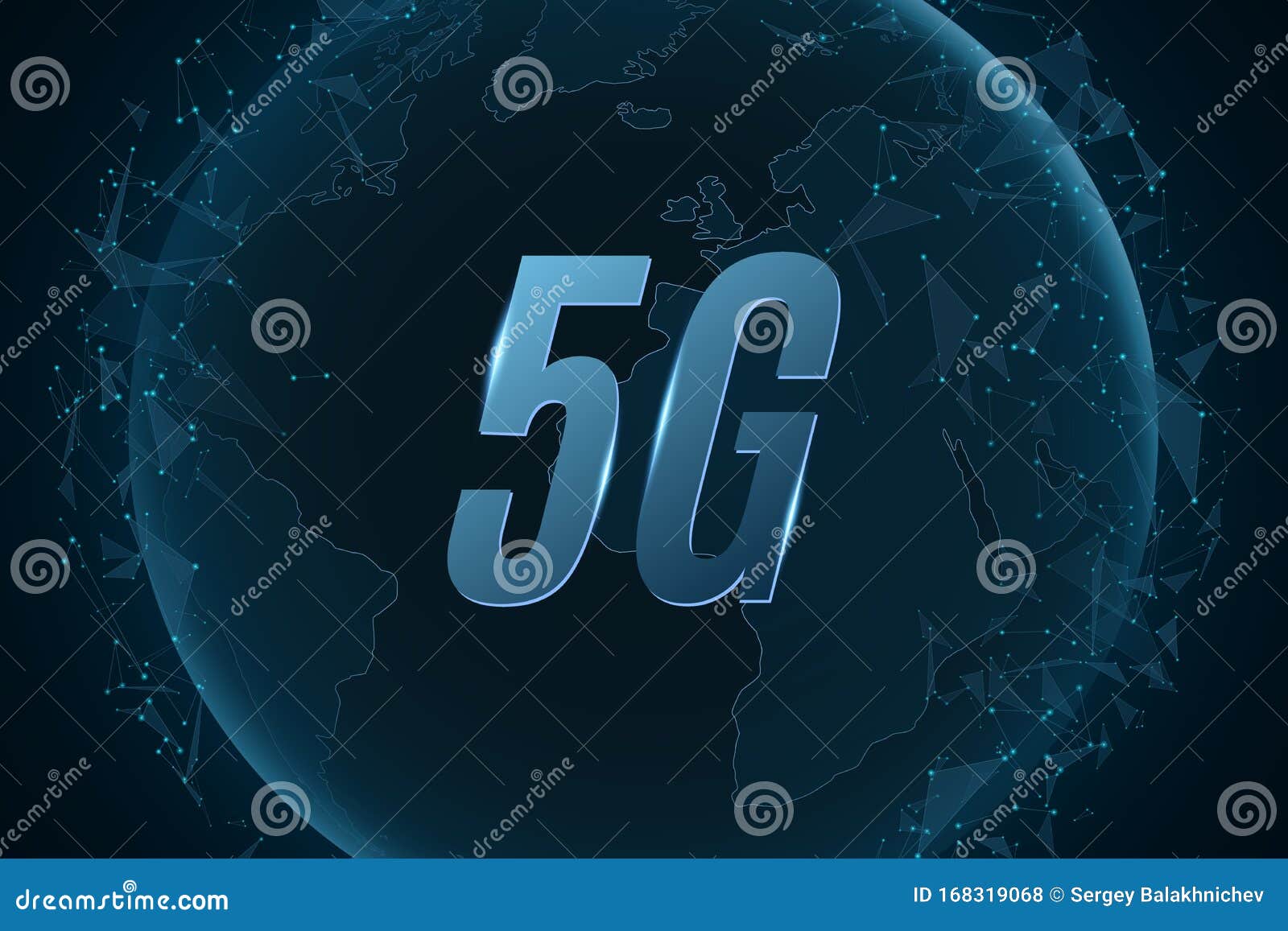 5G Network. Map Planet Earth with Geometric Particles. Flying Triangles ...