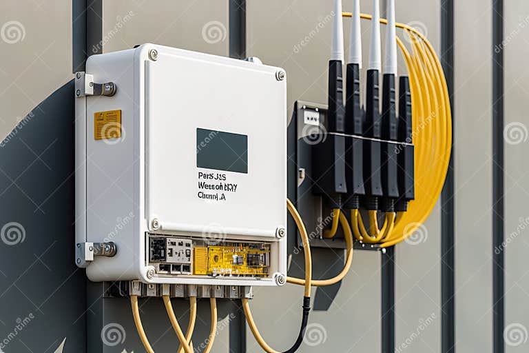 5g Network Node, with Antennas and Cables, Being Installed on Side of ...