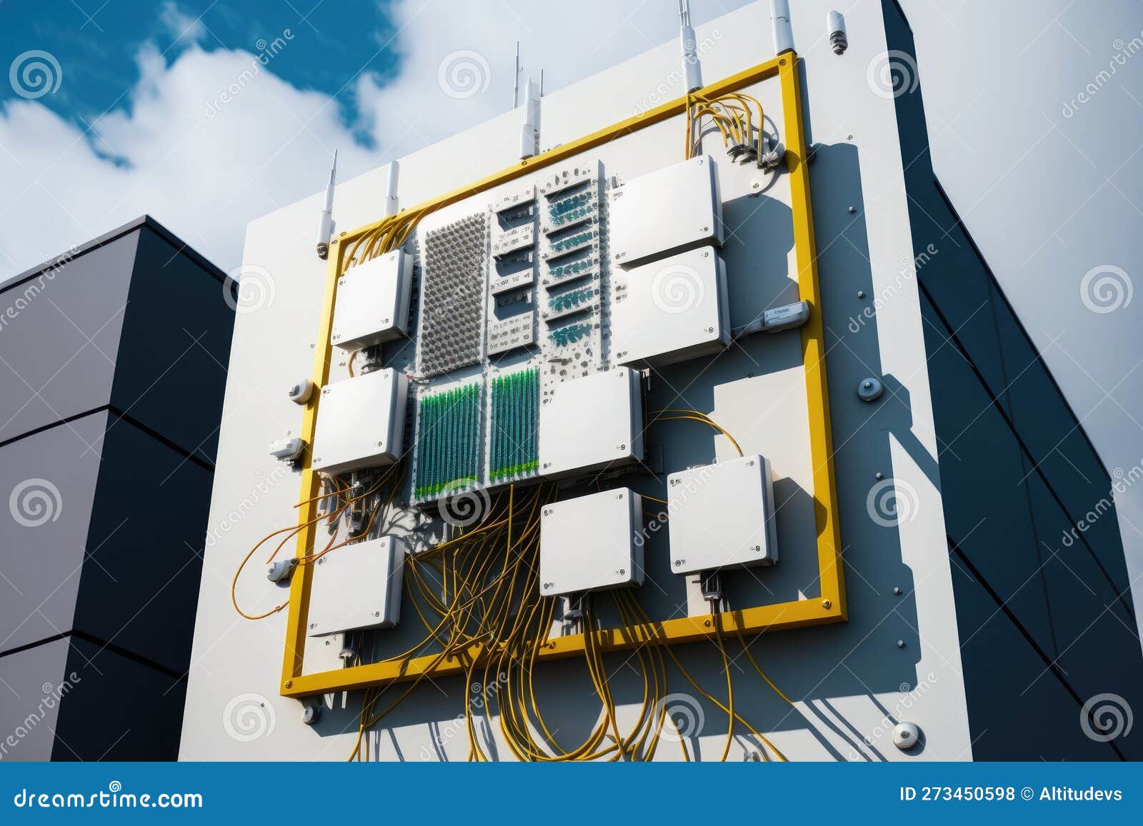 5g Network Node, with Antennas and Cables, Being Installed on Side of ...