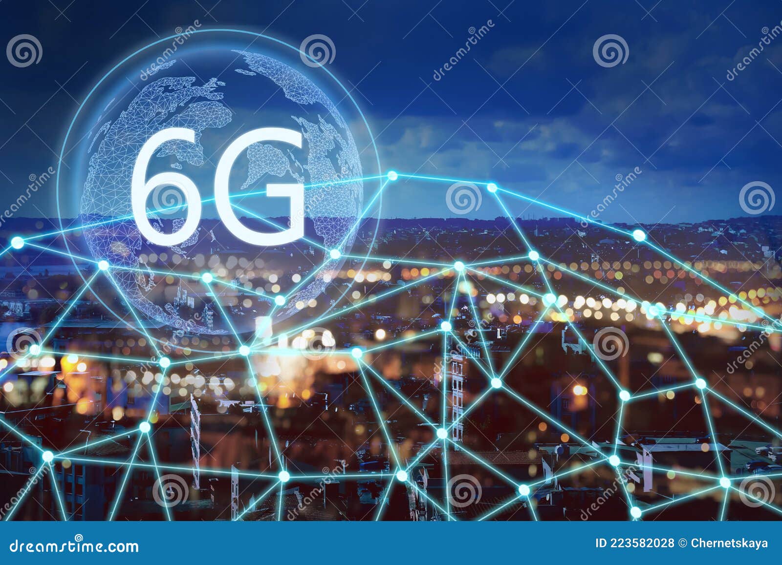 6G Network System. Beautiful Cityscape and Network Connection Lines ...