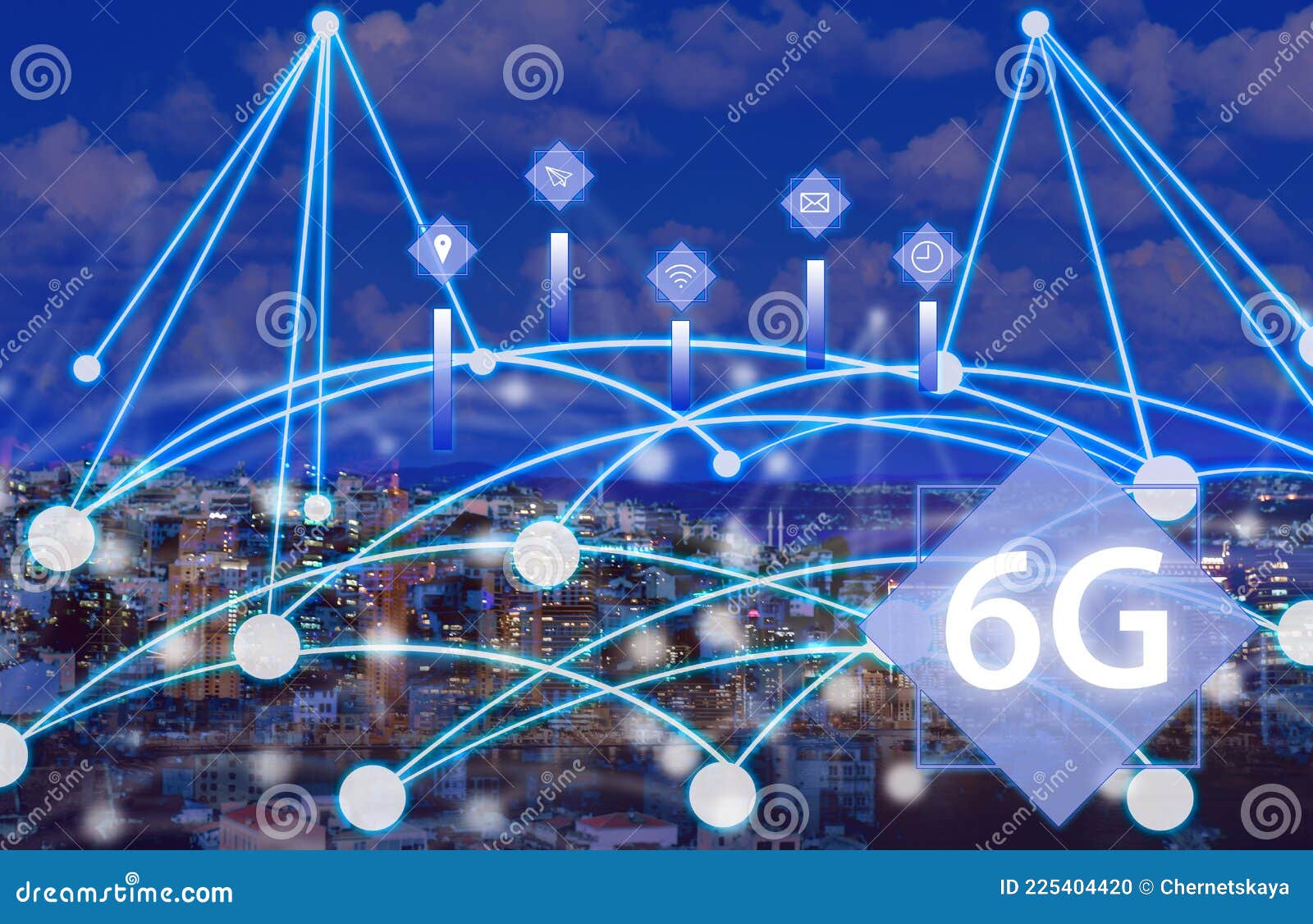 6G Network Wireless System. Beautiful Cityscape and Network Connection ...