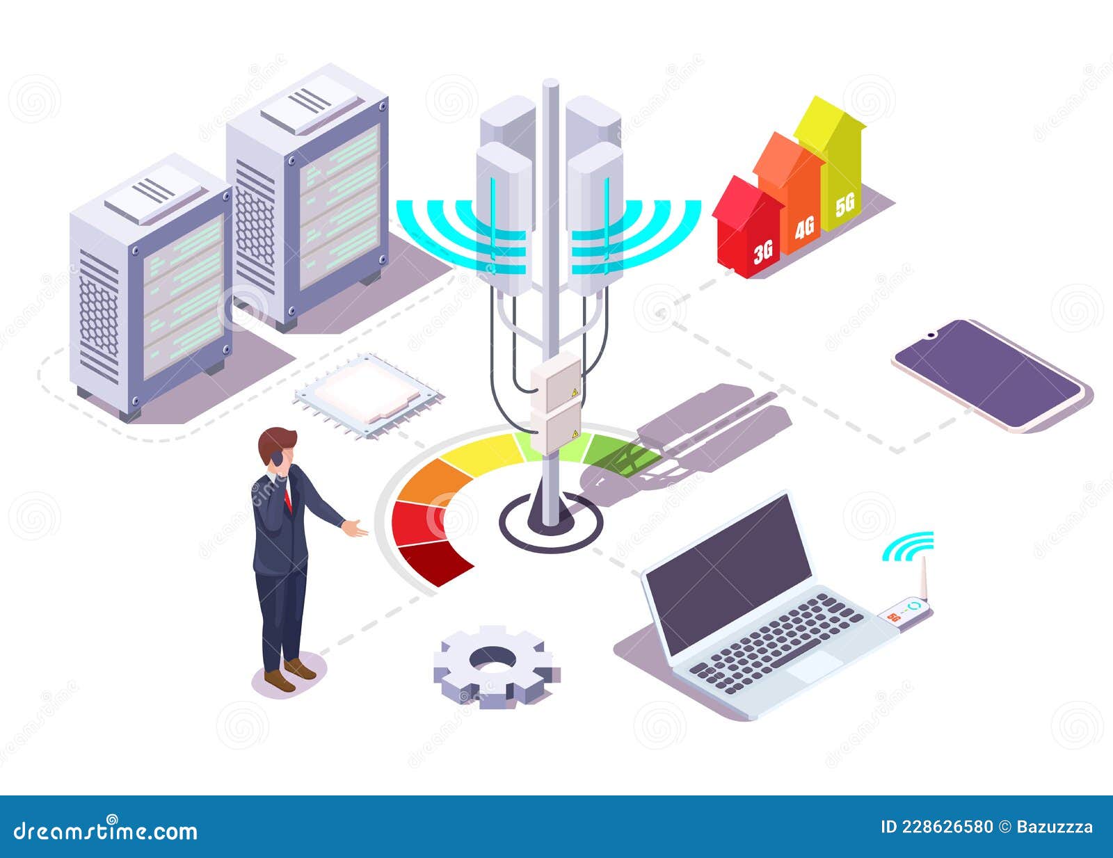 5G Network Wireless Technology Flowchart. Communication Tower, Server ...