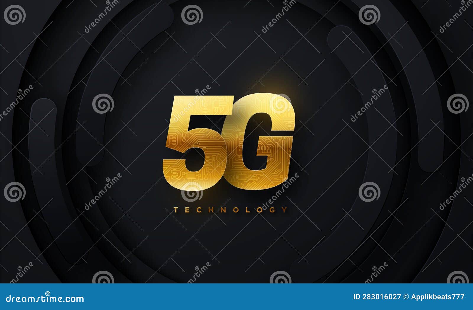 5G Technology Golden Sign with Circuit Board Texture on Black Geometric ...