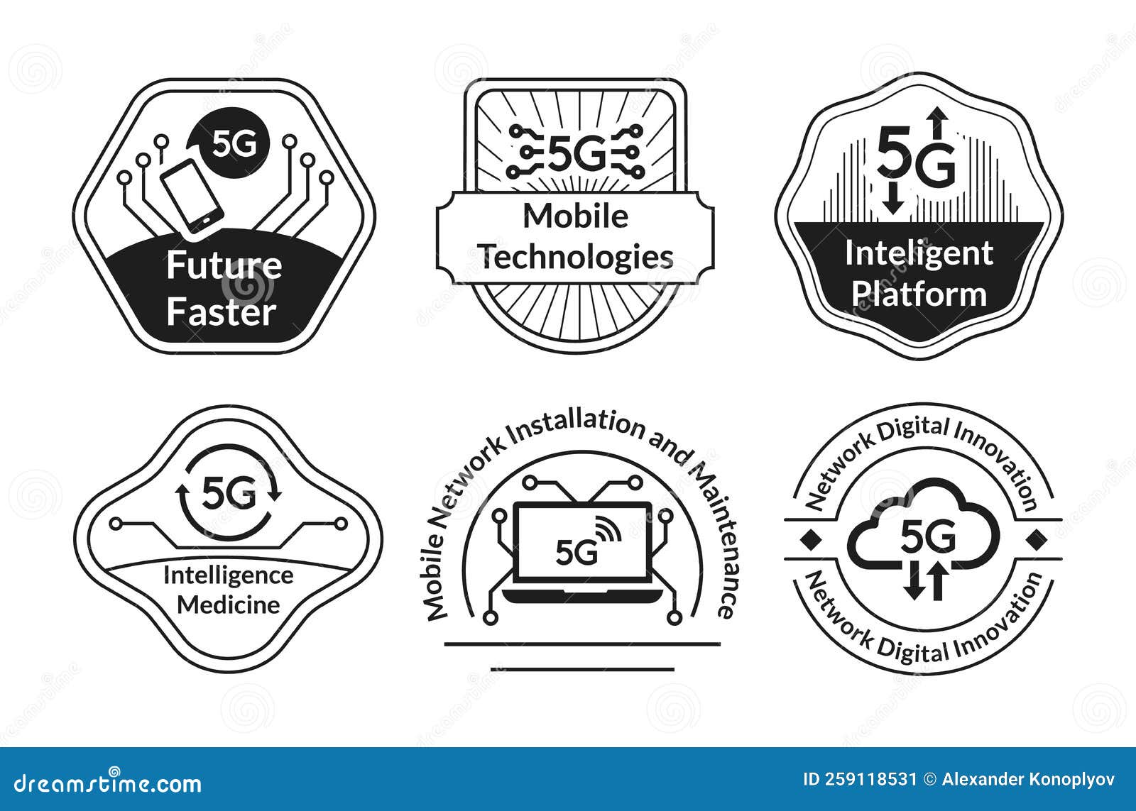 5G Technology Monochrome Emblem Line Art Vector Illustration. Global ...