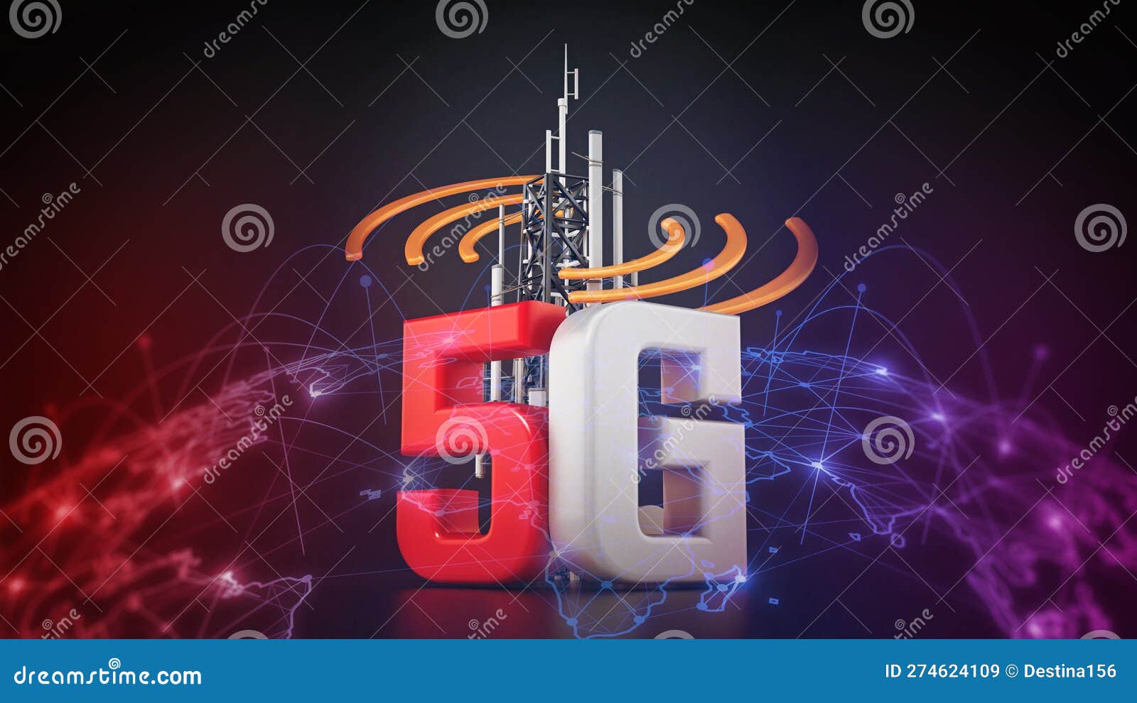 5G Text and Telecommunications Tower with Wave Symbols. 3D Illustration ...
