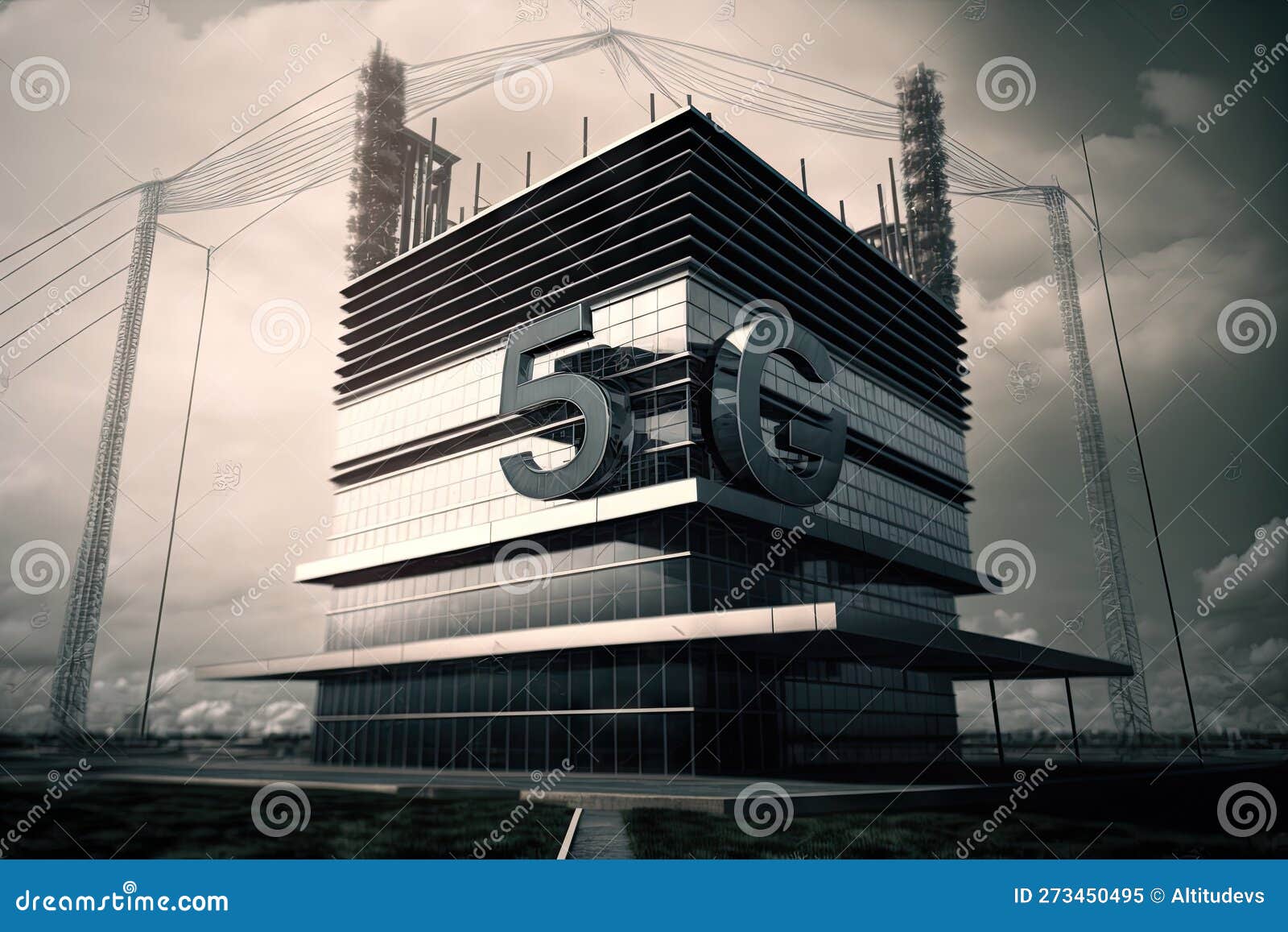 5g Tower, with Cables and Antennas, in Modern Office Building Stock ...