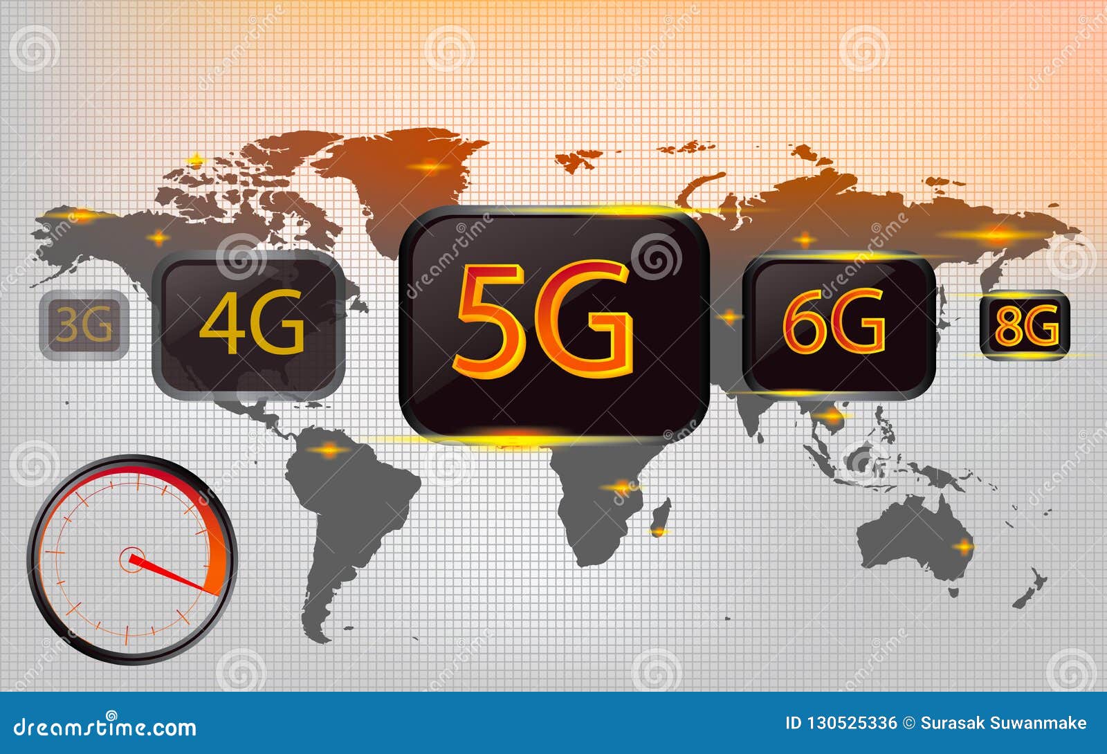 5G, 4G, 3G, 6G, 8G, with World Map Connectivity, Digital Display ...