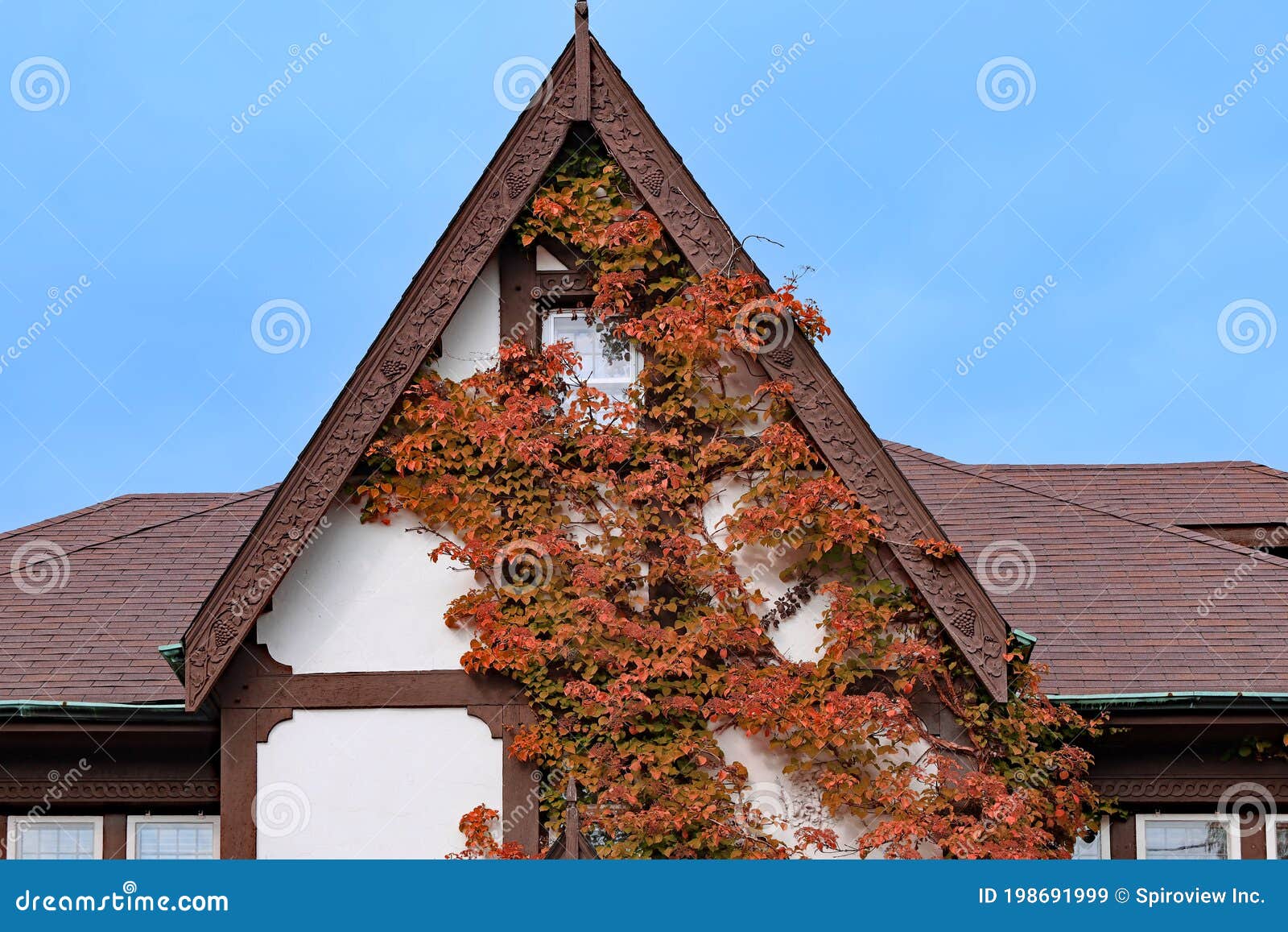 Gable of Half-timbered House with Vine in Fall Colors Stock Image ...
