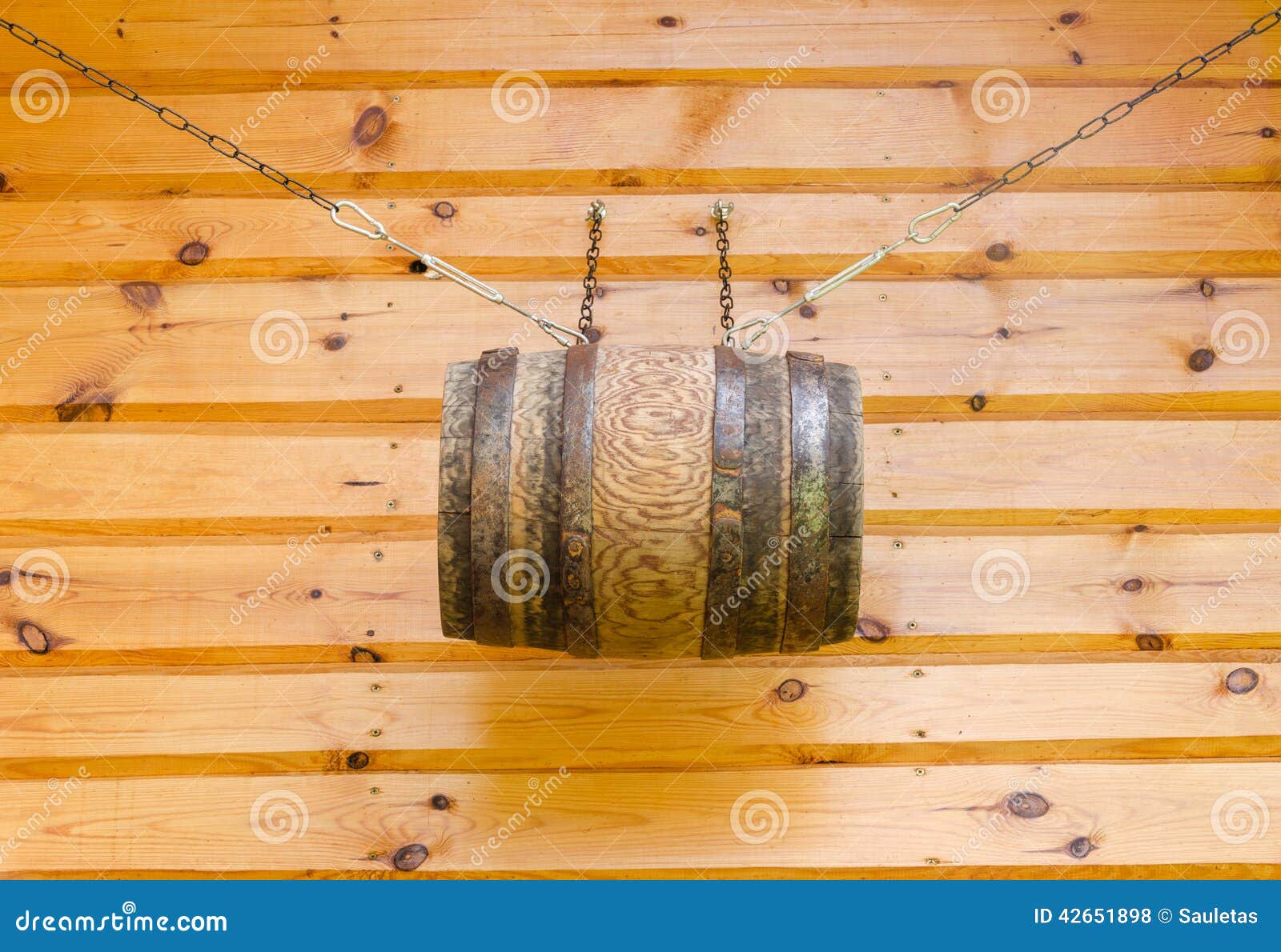 Gable of Wooden Rural House and Barrel with Chains Stock Photo - Image ...