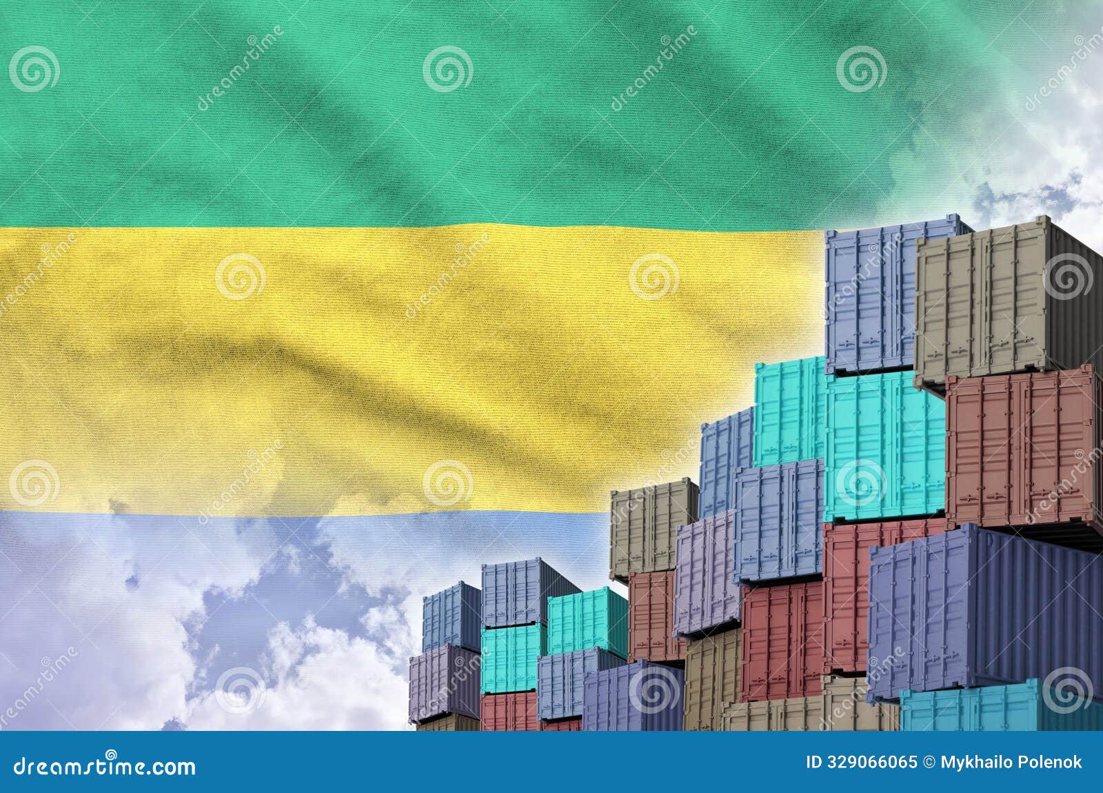 Gabon Flag and Big Stack of Shipping Cargo Containers in Docks with Sky ...