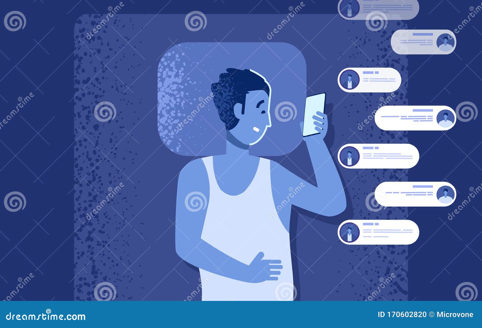Gadget Addiction Problem Flat Man In Bed With Smartphone Stock Vector