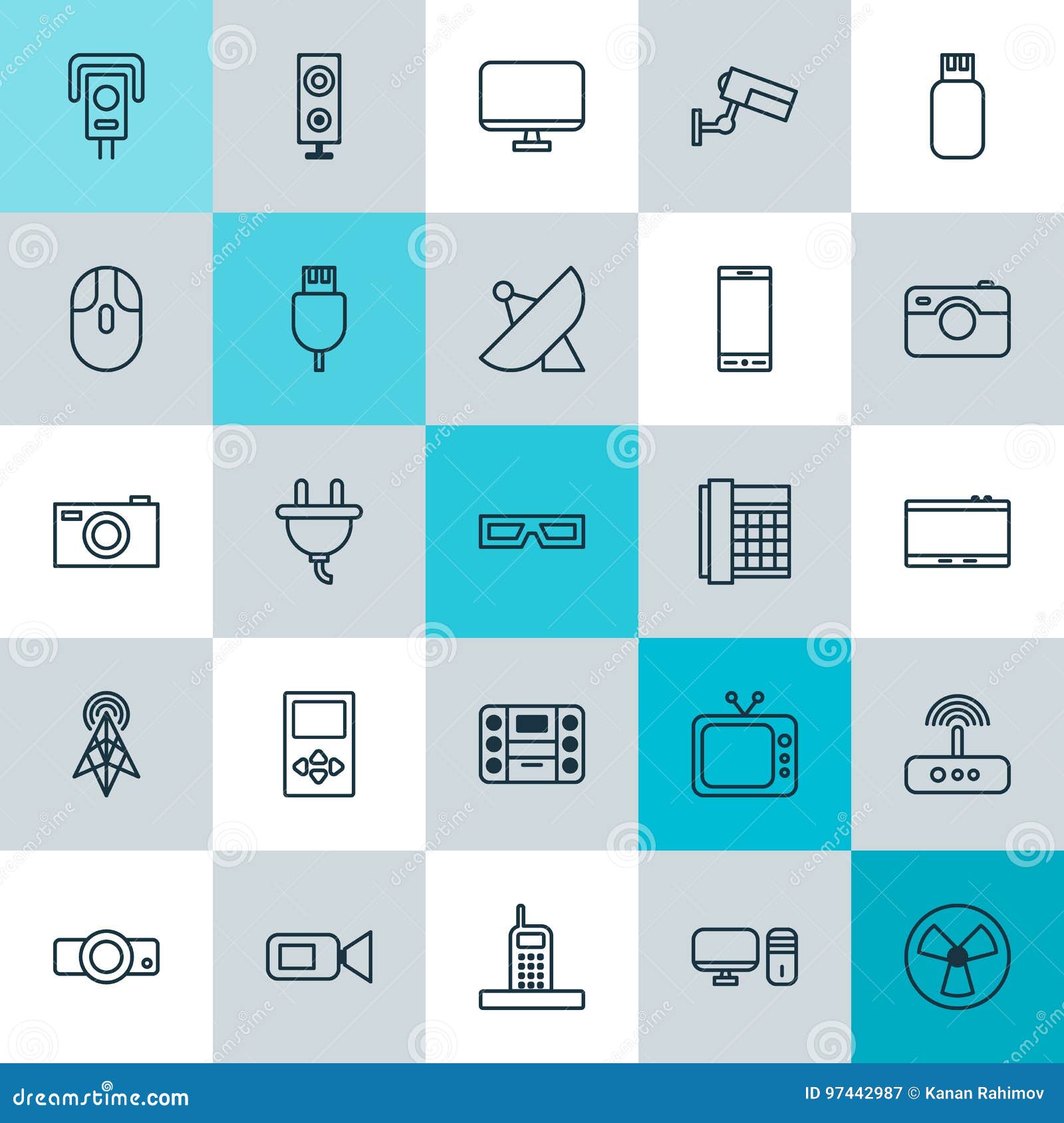 Gadget Icons Set. Collection of Spectacles, Work Phone, Digital Camera ...