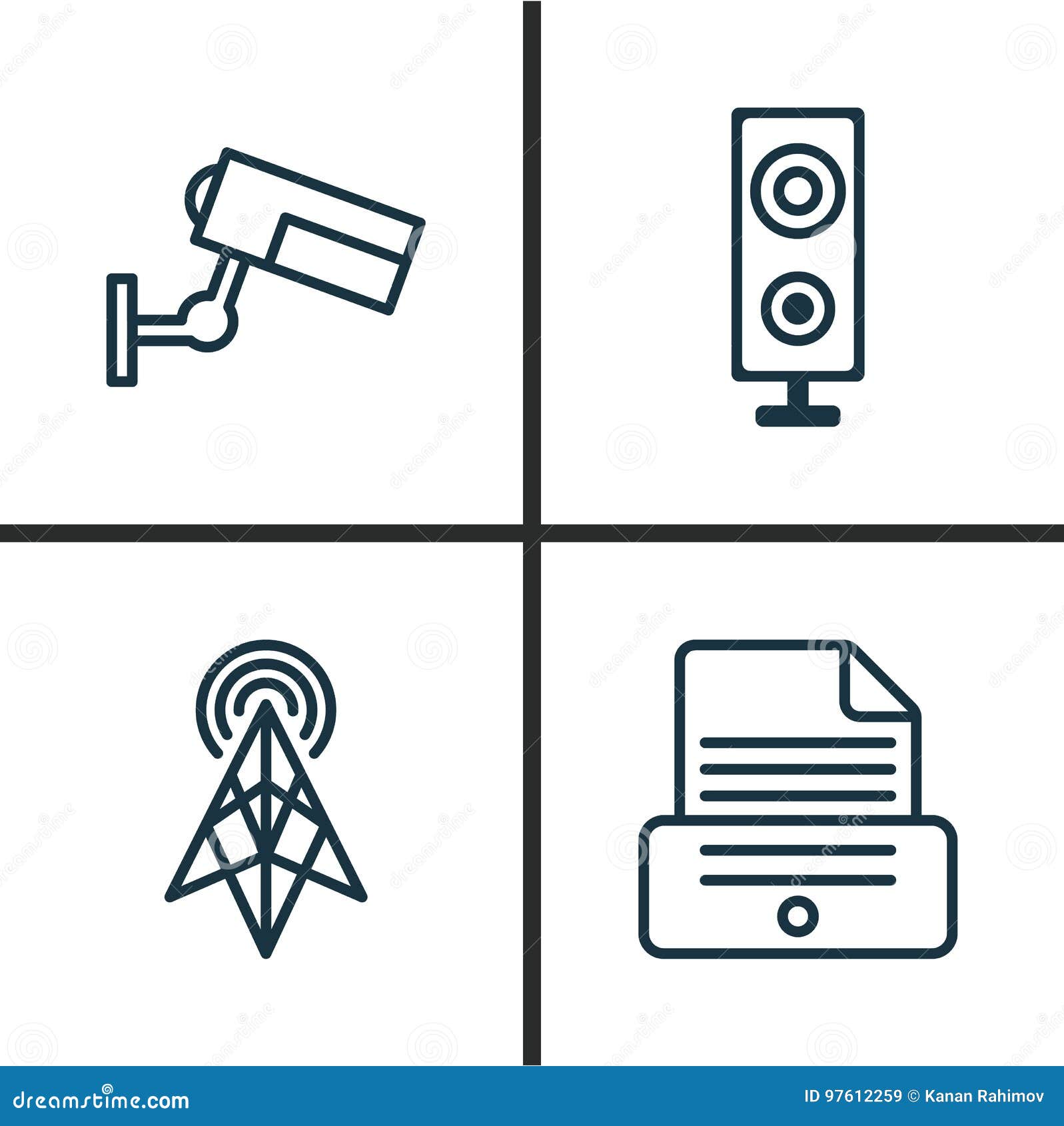 Gadget Icons Set. Collection of Surveillance, Speaker, Print Device and ...