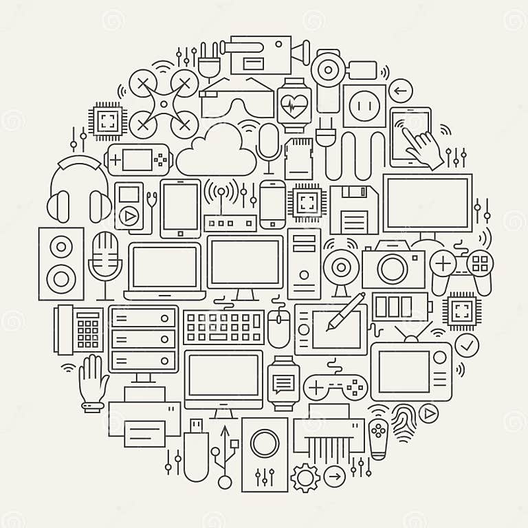 Gadgets and Devices Line Icons Set Circle Shape Stock Vector ...