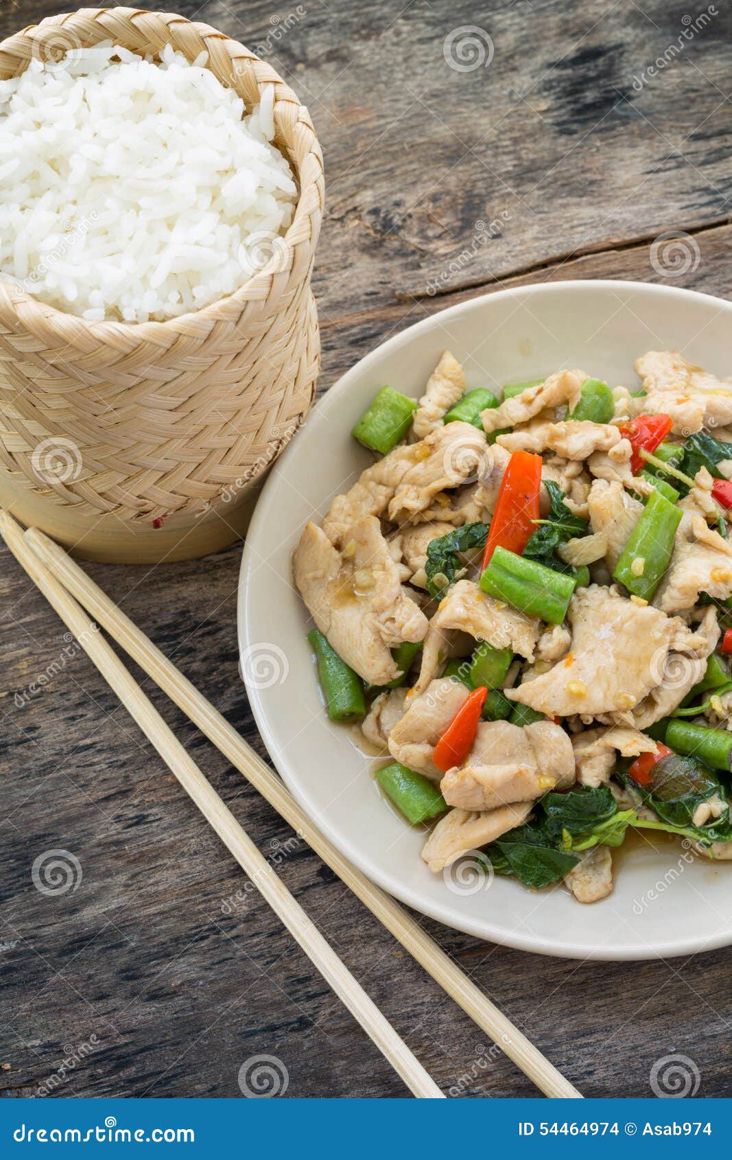 Gai pad kra paw, Thailand stock photo. Image of fried - 54464974