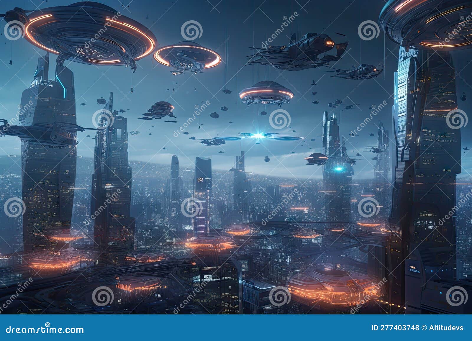 Galactic Cityscape with Flying Robots and Futuristic Vehicles Stock ...