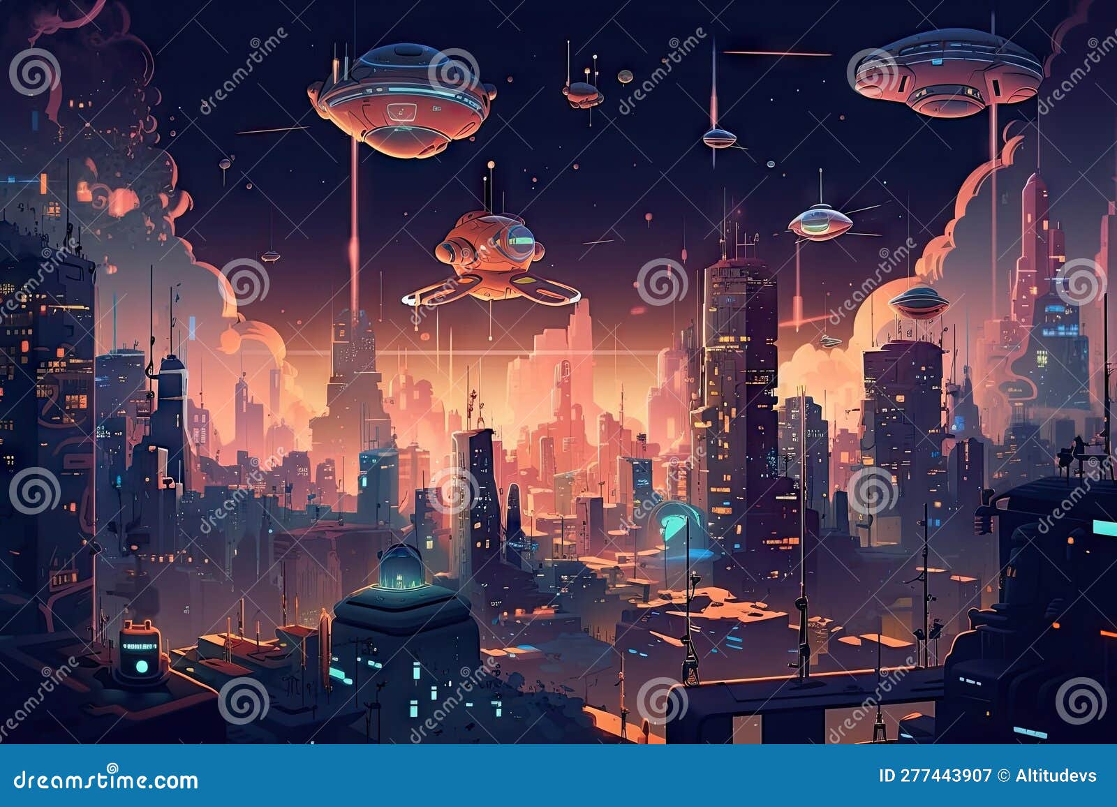 Galactic Cityscape with Flying Robots and Futuristic Vehicles Stock ...