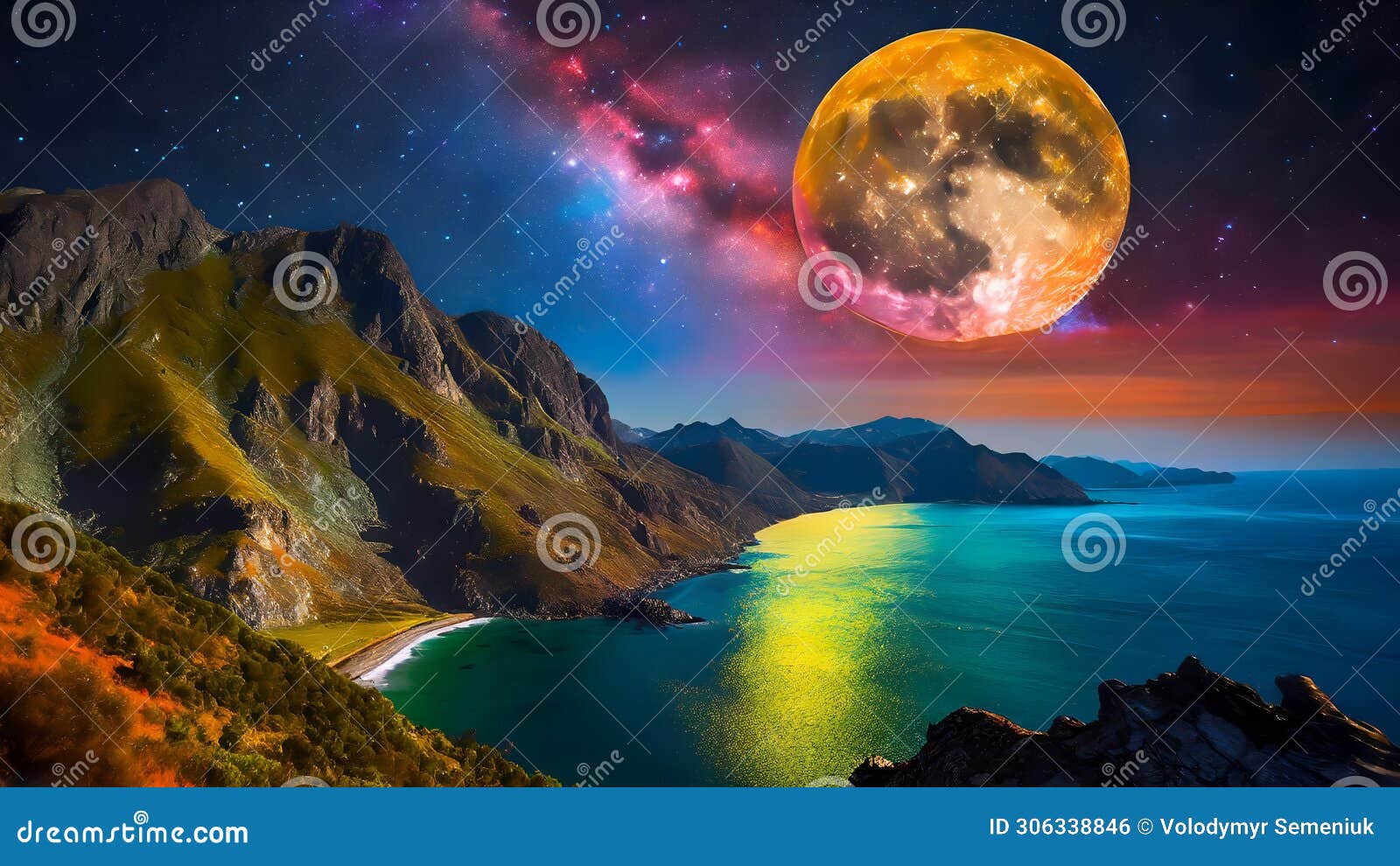 Galactic Dreamscape Full Moon Emerges Above Earth Seaside Oasis Stock ...