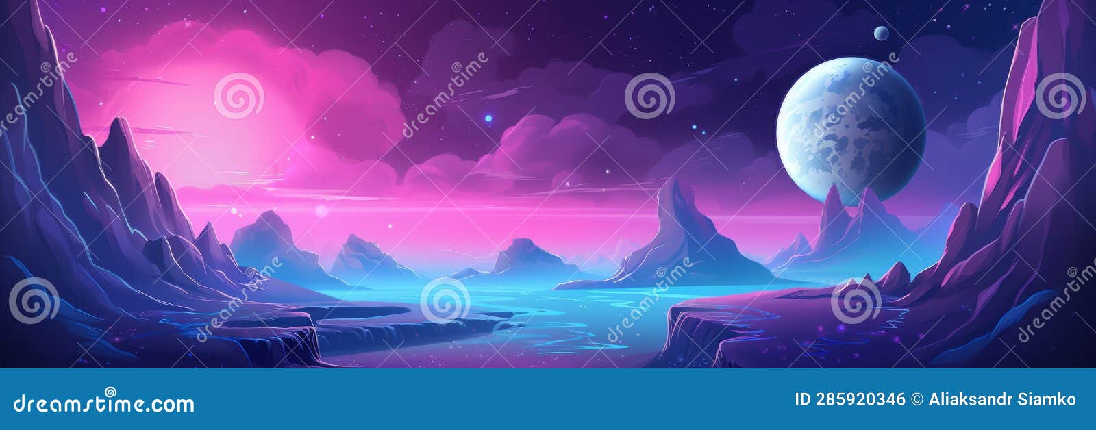 Galaxy Background With Planet Stars And Meteor In Outer Space Alien Planet Or Moon Landscape