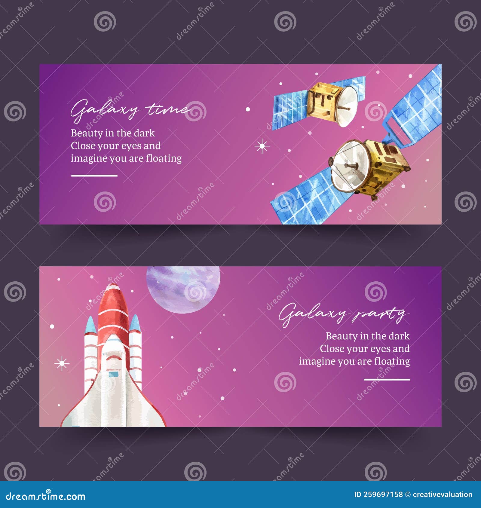 Galaxy Banner Design with Satellite, Rocket Illustration Watercolor ...