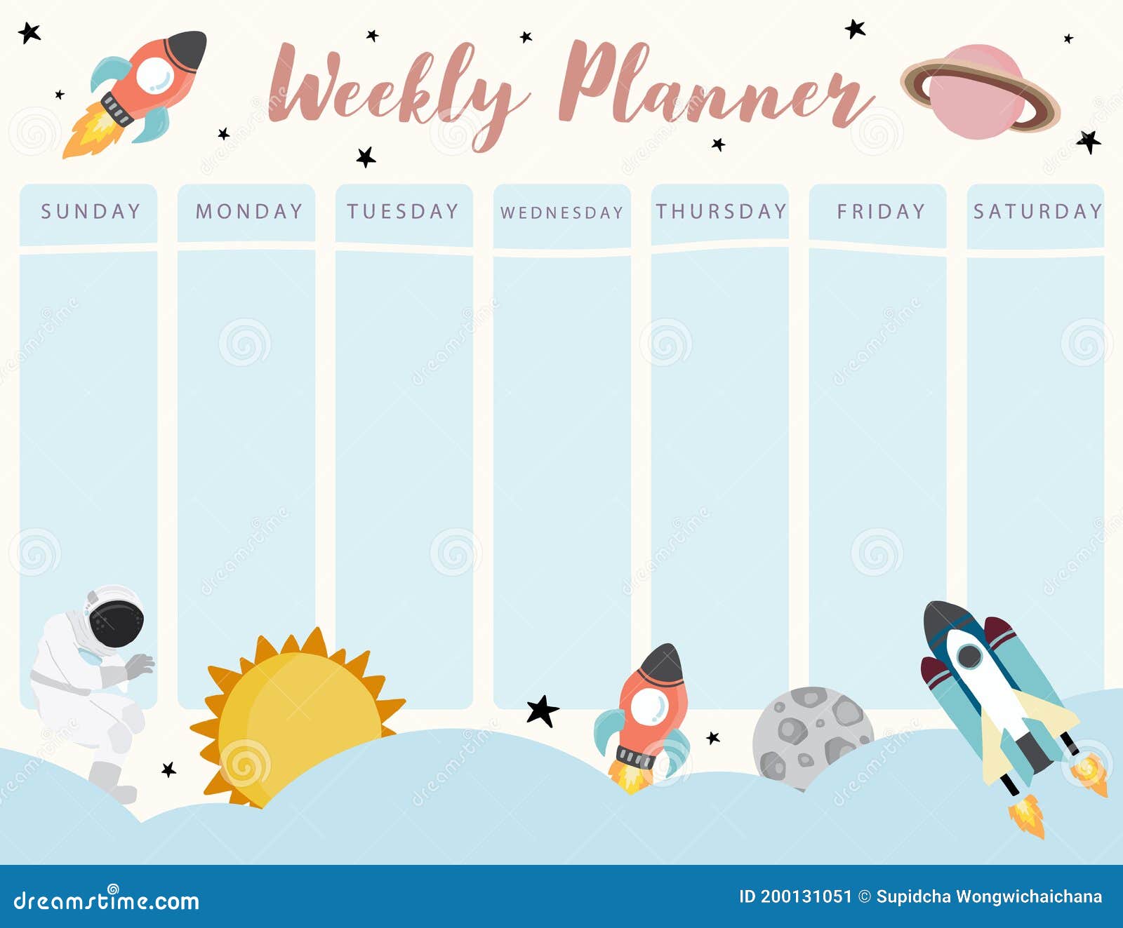Galaxy Calendar Planner With Planet, Sun, Moon,rocket.Can Use For ...