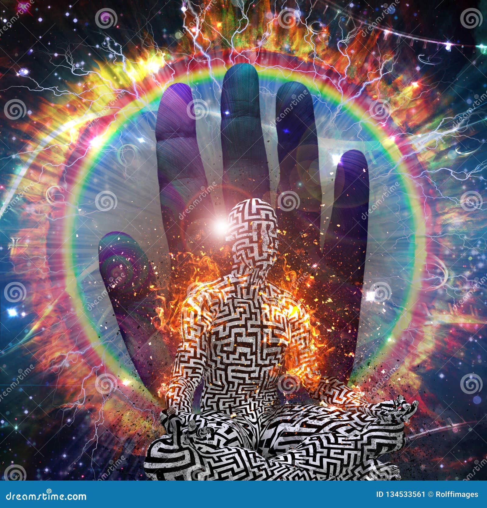 Burning Man With Maze Pattern Meditate In Lotus Pose Stock Photo ...