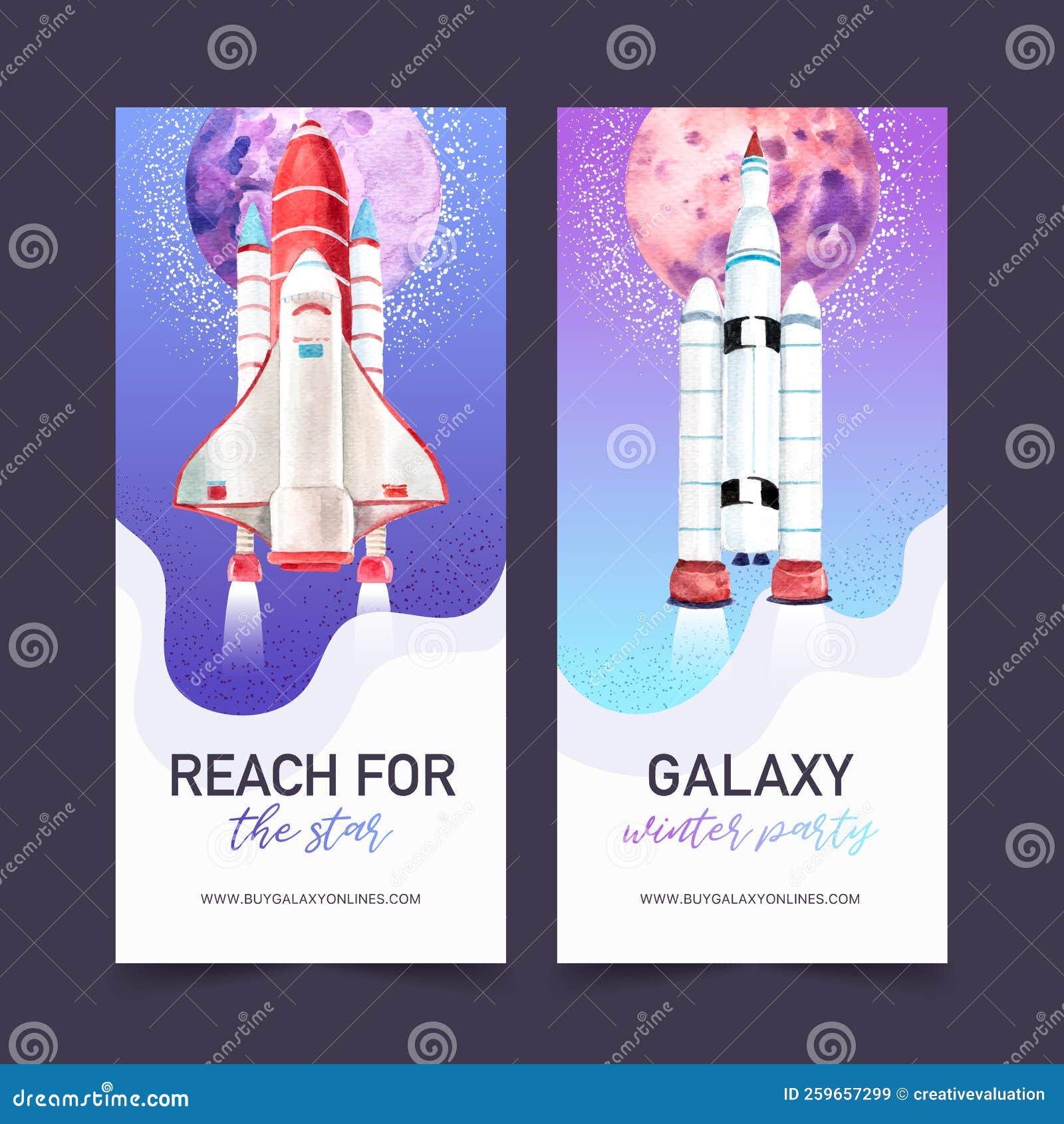 Galaxy Flyer Design with Rocket, Neptune Illustration Watercolor Stock ...