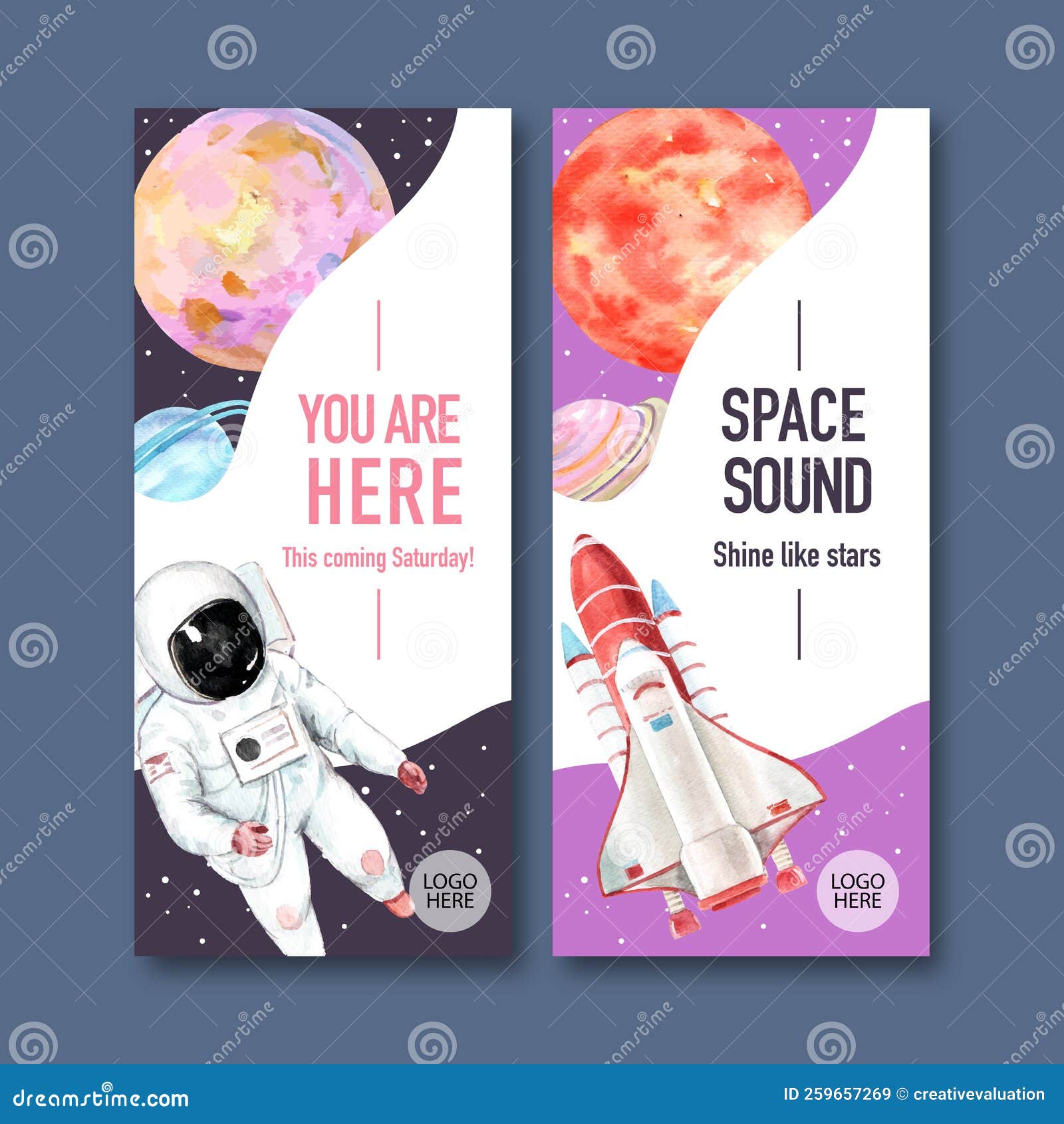 Galaxy Flyer Design with Rocket, Saturn, Astronaut Illustration ...