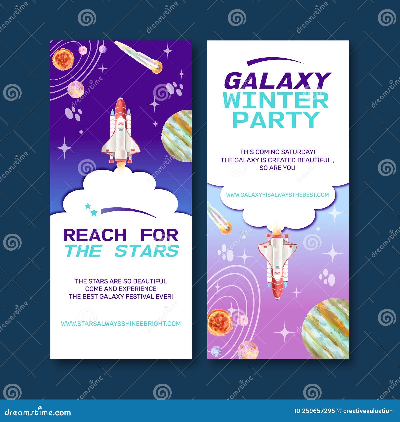 Galaxy Flyer Design with Rocket, Solar System Illustration Watercolor ...