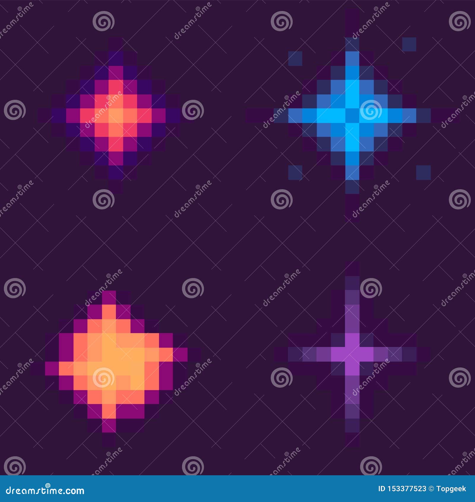 Pixel Stars Set - Glowing Yellow Shapes Vector Illustration ...