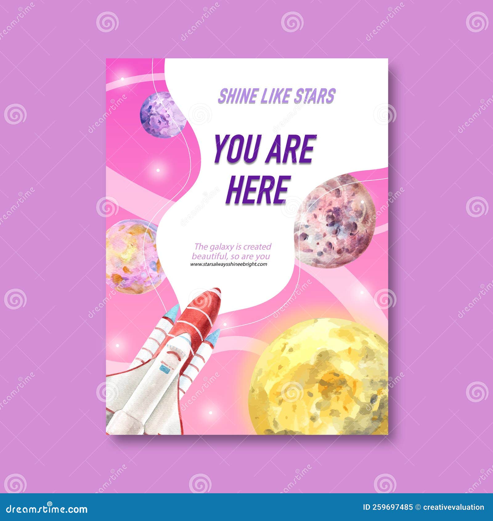 Galaxy Poster Design with Planet, Rocket Illustration Watercolor Stock ...