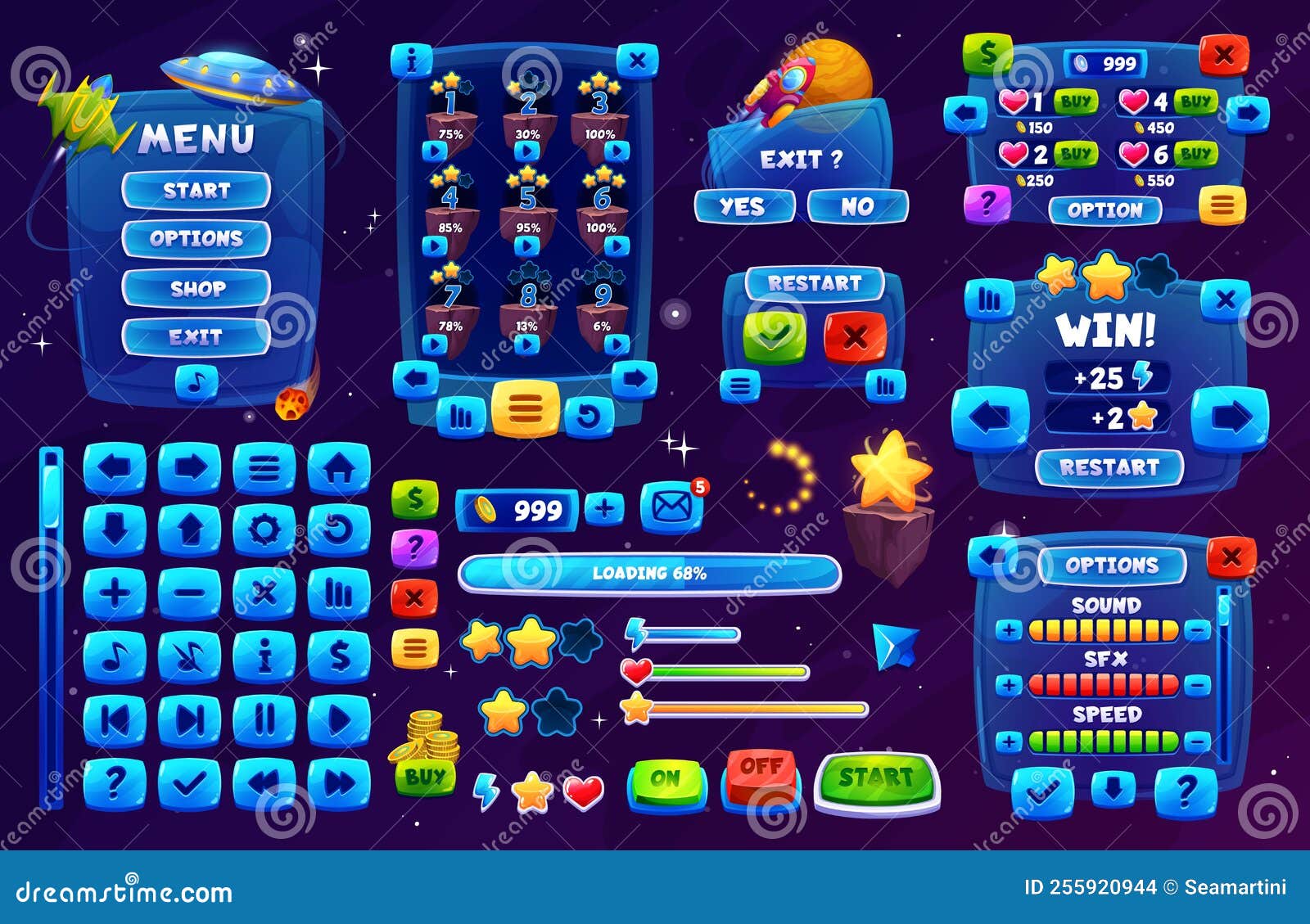 Galaxy Space Game Interface, Ui Game Buttons Set Stock Vector ...