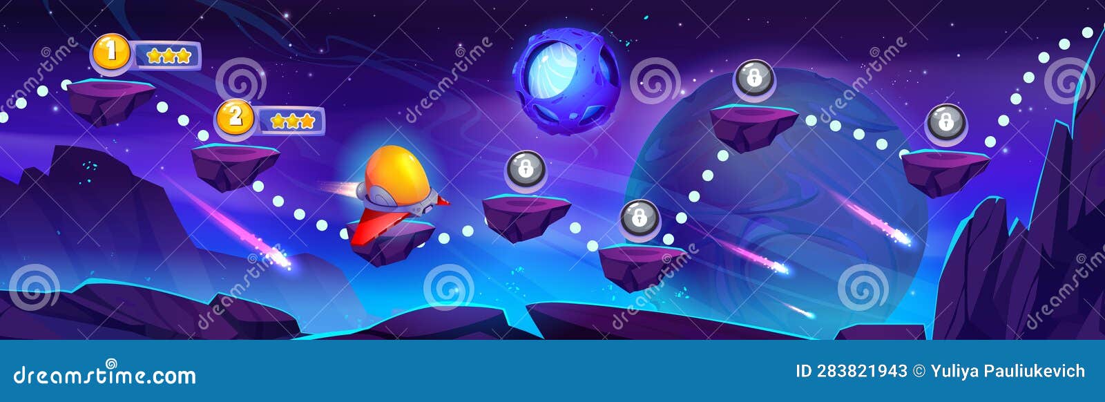 Level Map. Game Ui Landscape With Waterfalls Lakes And Mountains Exact Vector Game Interface ...