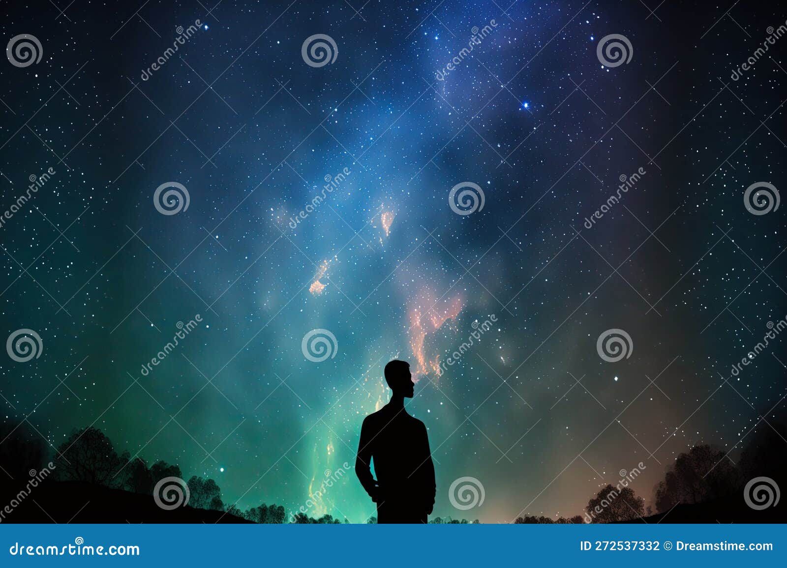 Galaxy. Starry Night with Man Silhouette Stock Illustration ...