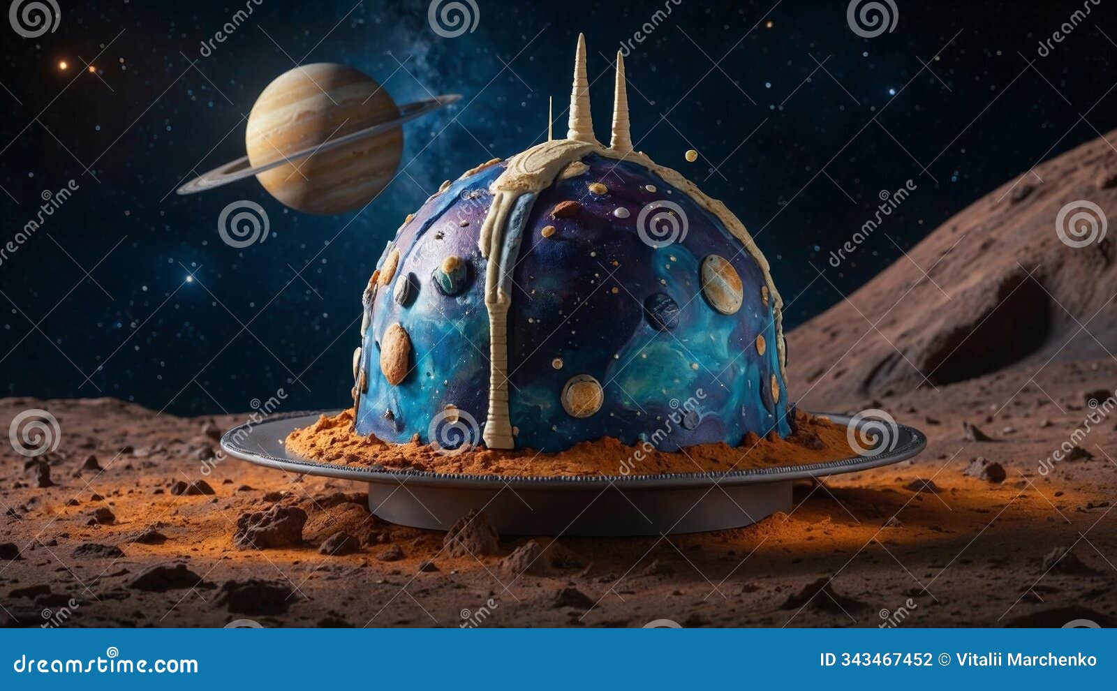 Galaxy-themed Cake On Lunar Surface With Saturn In The Background Stock ...