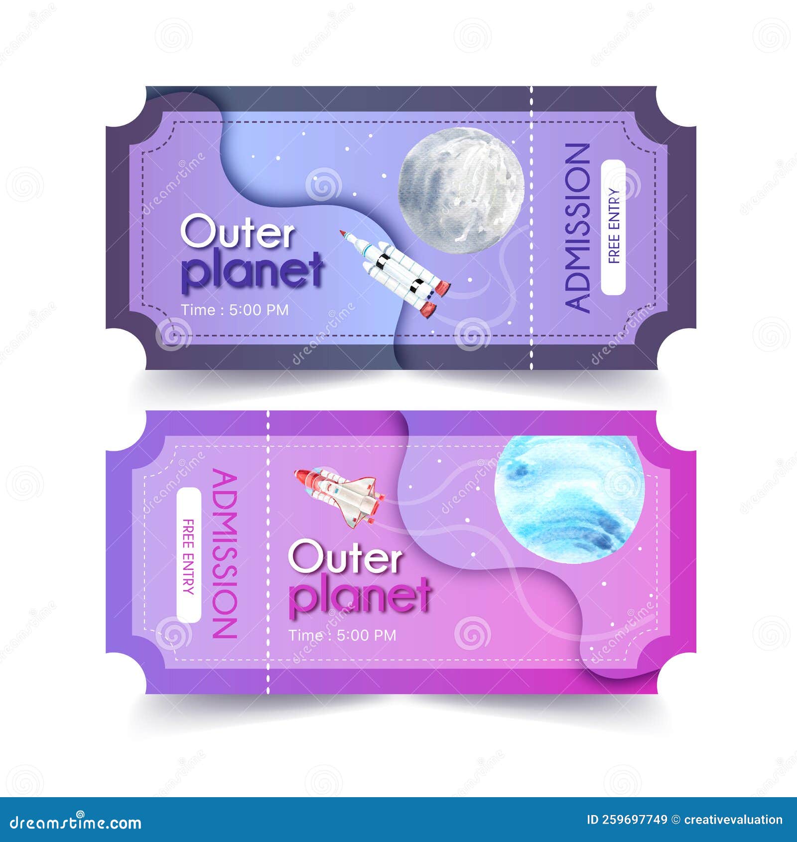 Galaxy Ticket Design with Rocket, Pluto, Uranus Illustration Watercolor ...