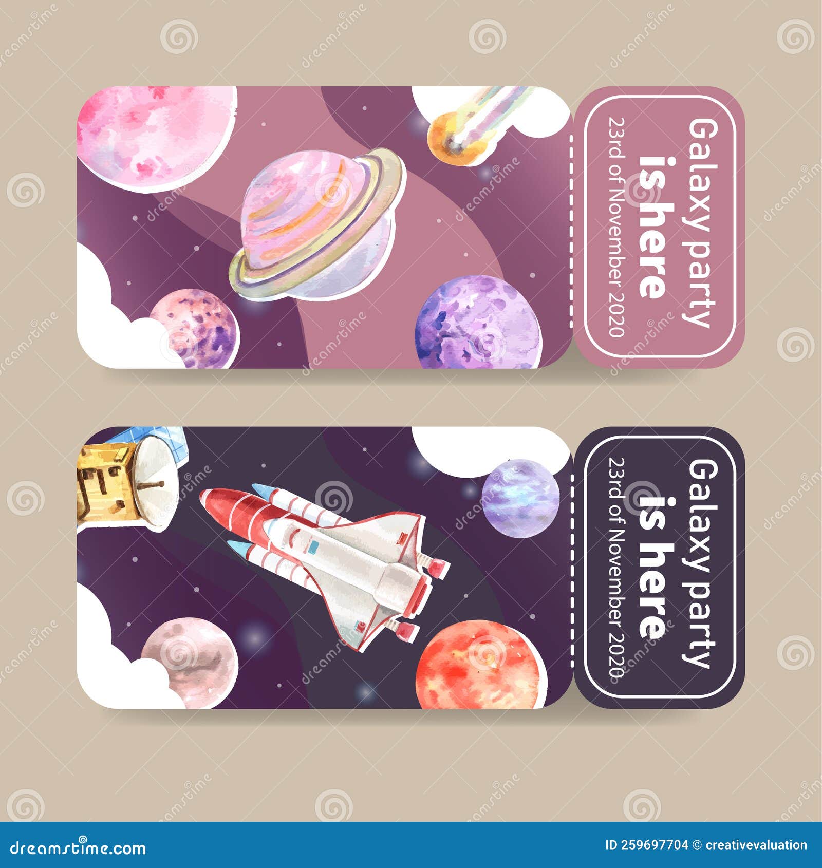 Galaxy Ticket Design with Rocket, Satellite, Planet Illustration ...