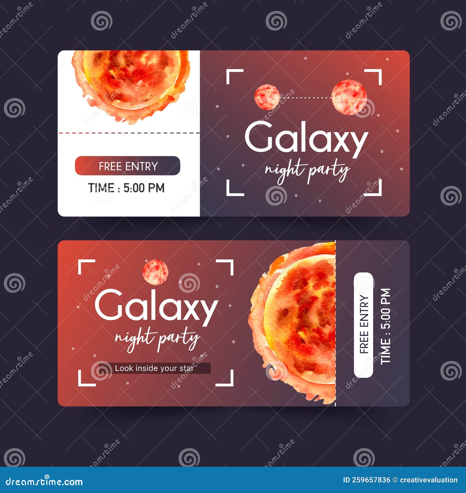 Galaxy Ticket Design with Venus, Sun Illustration Watercolor Stock ...
