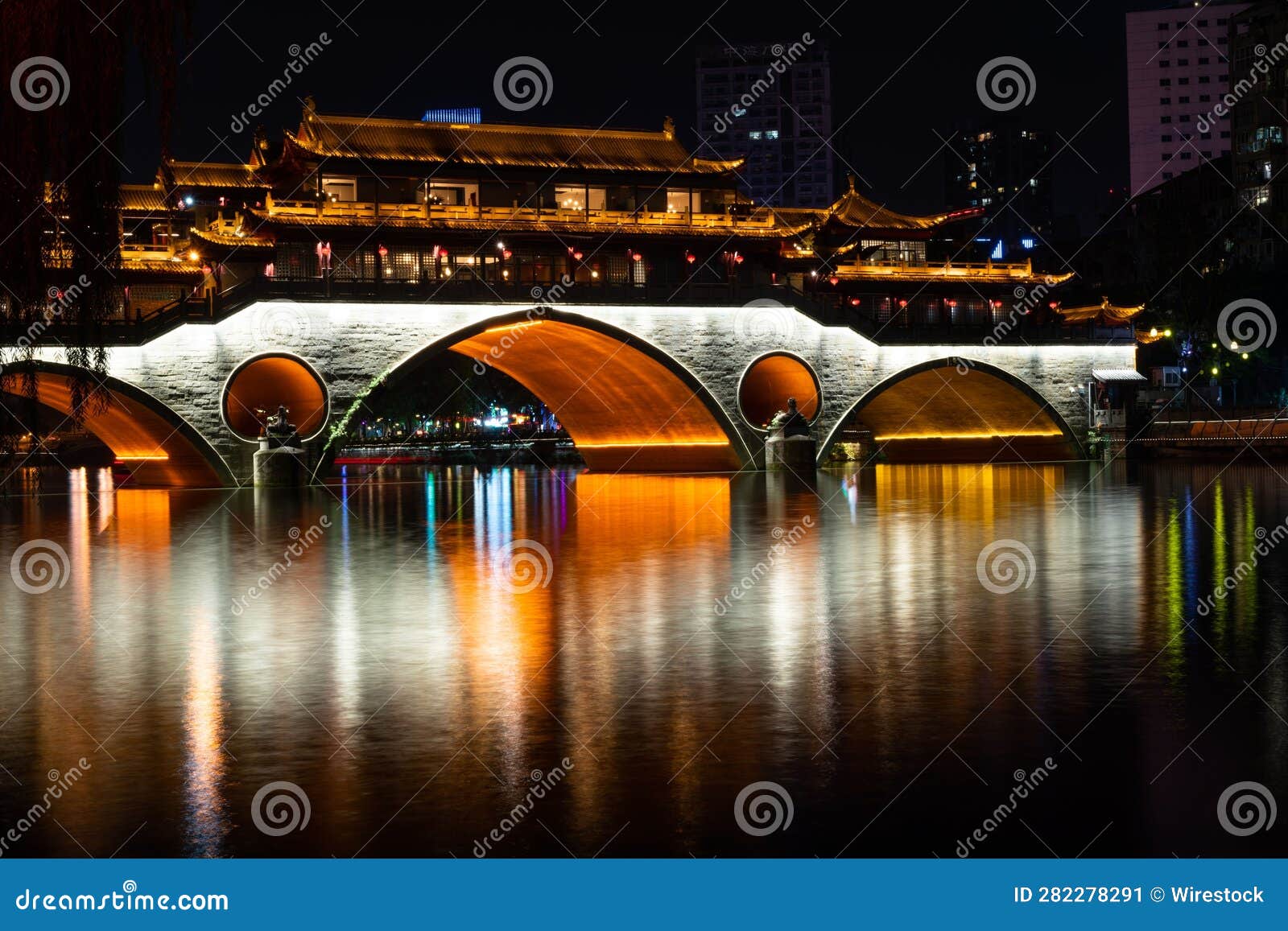 Gallery Bridge in Chengdu during Night with Reflecting Lights on Water ...